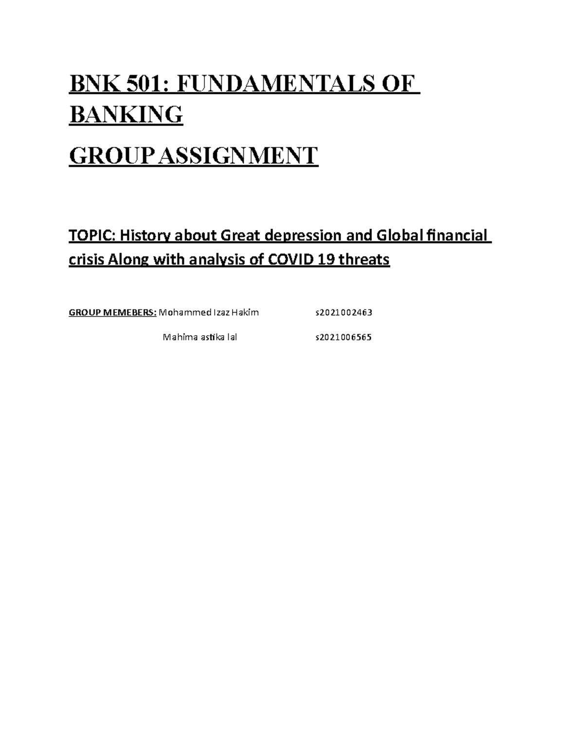 BNK 501 Group assignment - BNK 501: FUNDAMENTALS OF BANKING GROUP ...