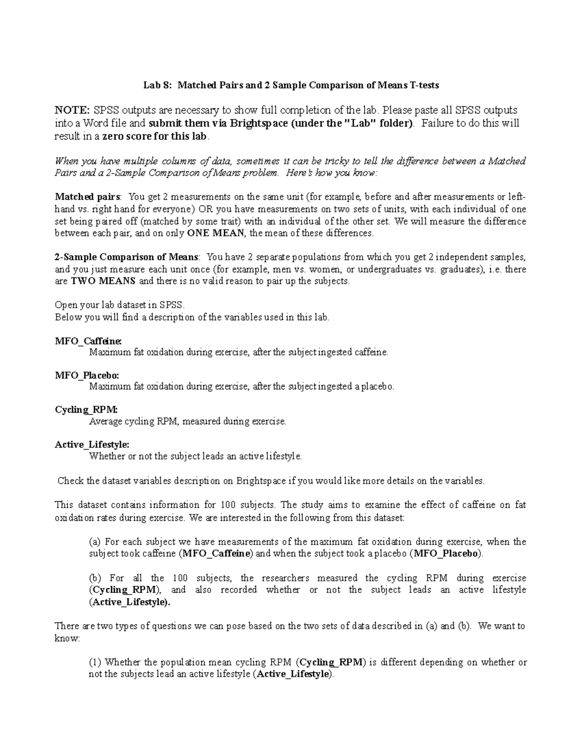 Lab 8-Matched Pairs and 2 Sample Comparison of Means Final - Lab 8 ...