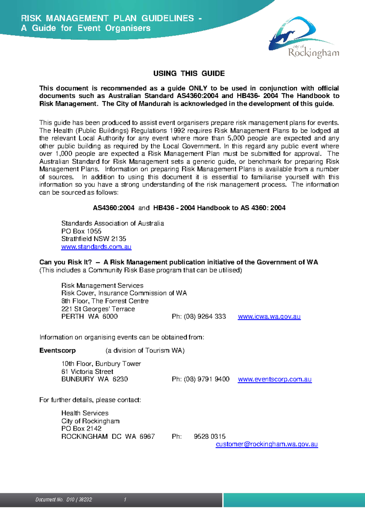 Risk Event Action Plan Document - A Guide for Event Organisers USING ...