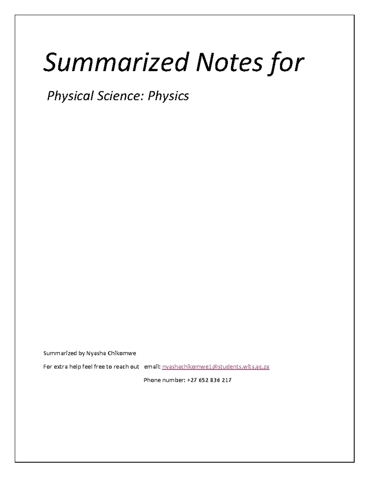 Summarized Notes for Physical Science - Summarized Notes for Physical ...