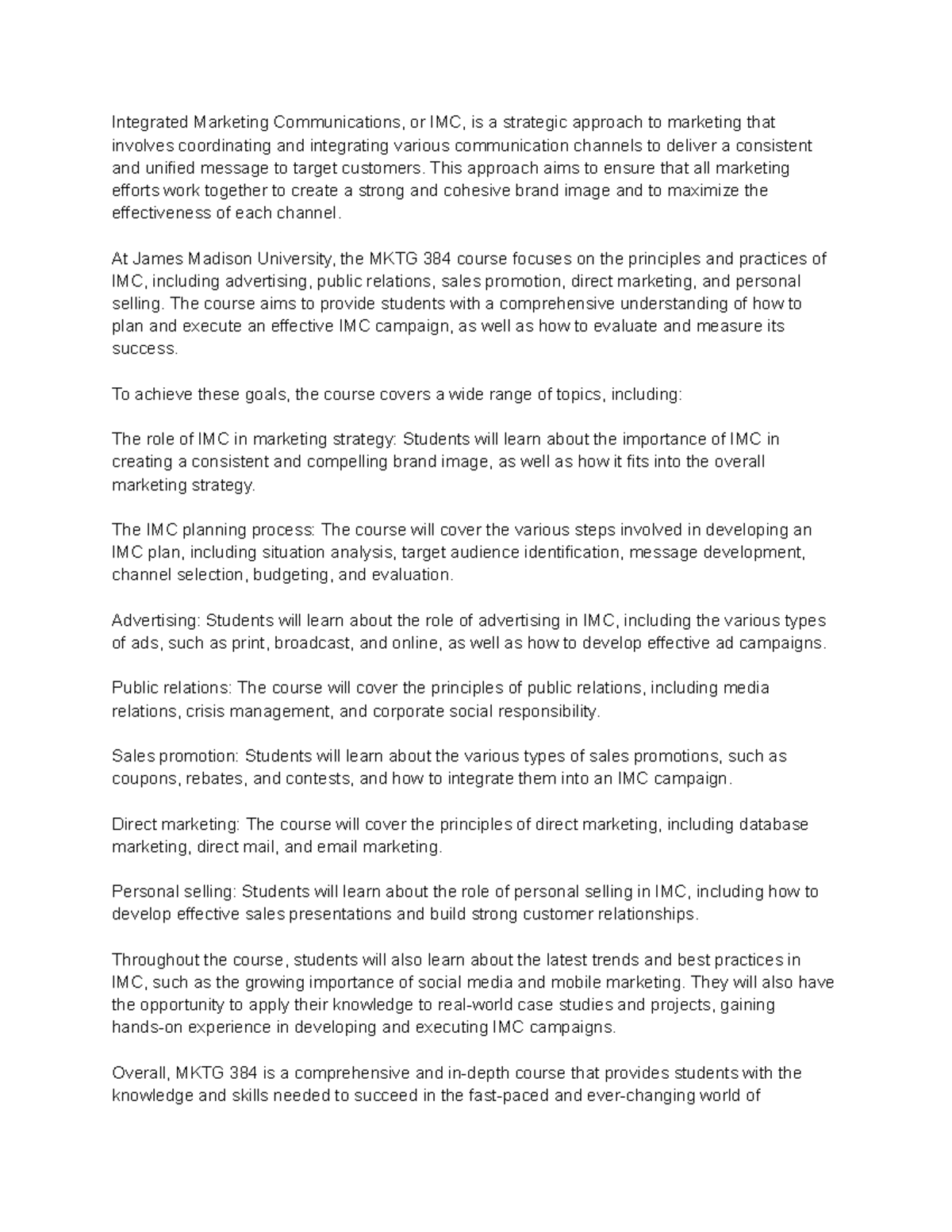 Integrated Marketing Communications (MKTG 384)#1 - Integrated Marketing ...