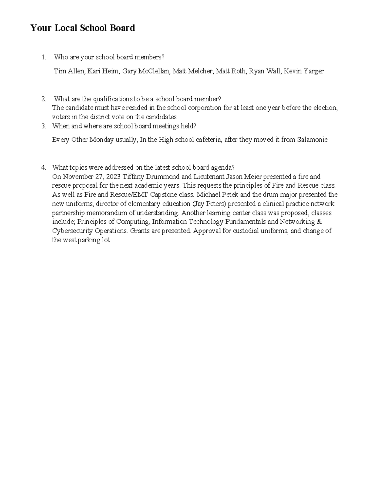 Local School Board - Assignment we did - Your Local School Board 1. Who ...