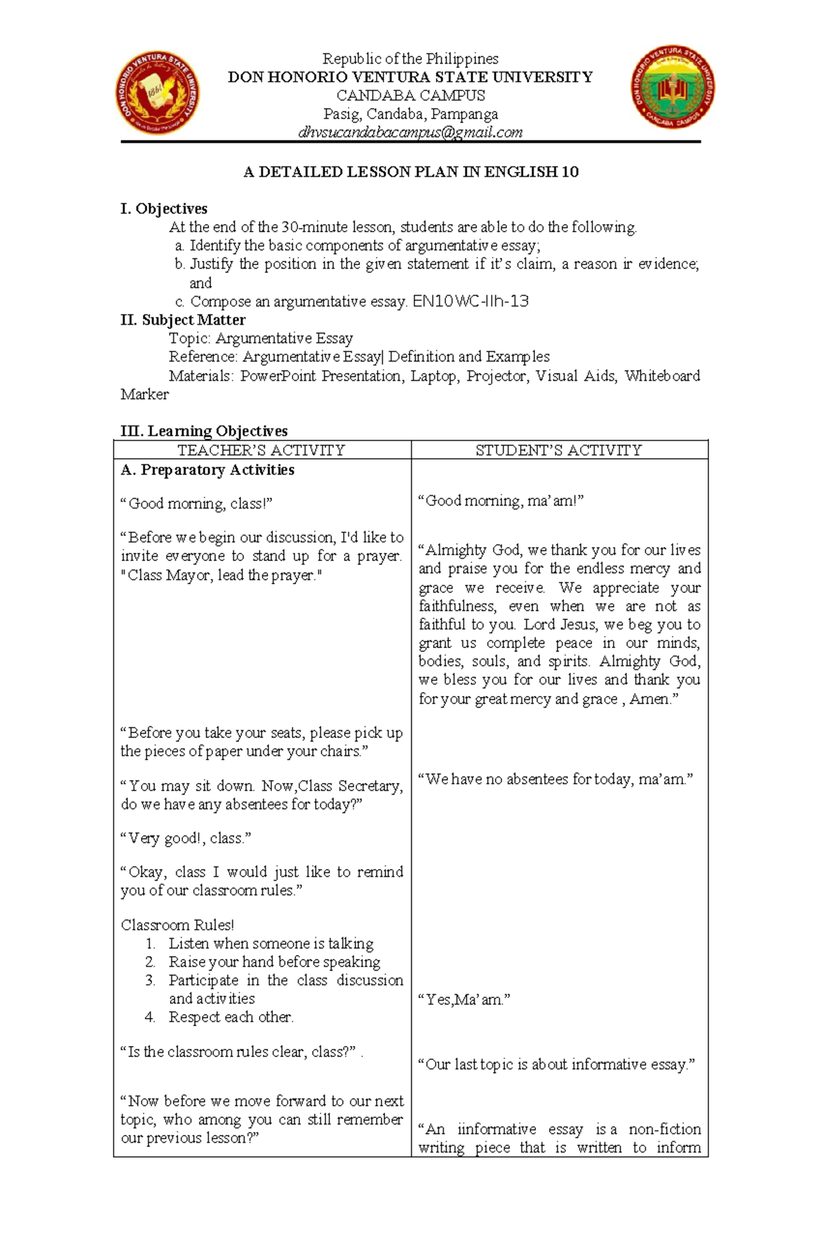 A Detailed Lesson PLAN IN Grade 11 Humss - DON HONORIO VENTURA STATE ...