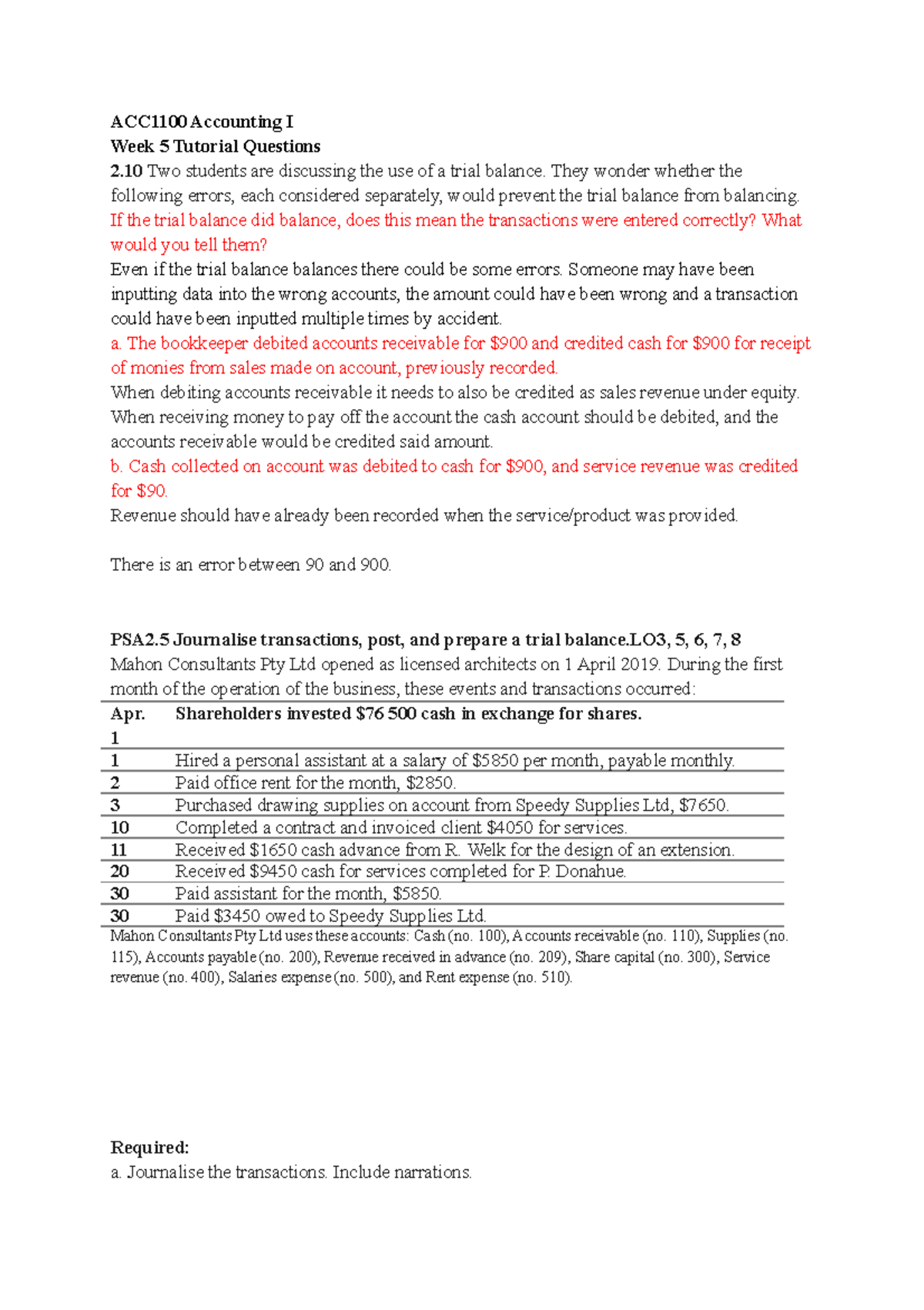 Tute work 5 - ACC1100 Accounting I Week 5 Tutorial Questions 2 Two ...
