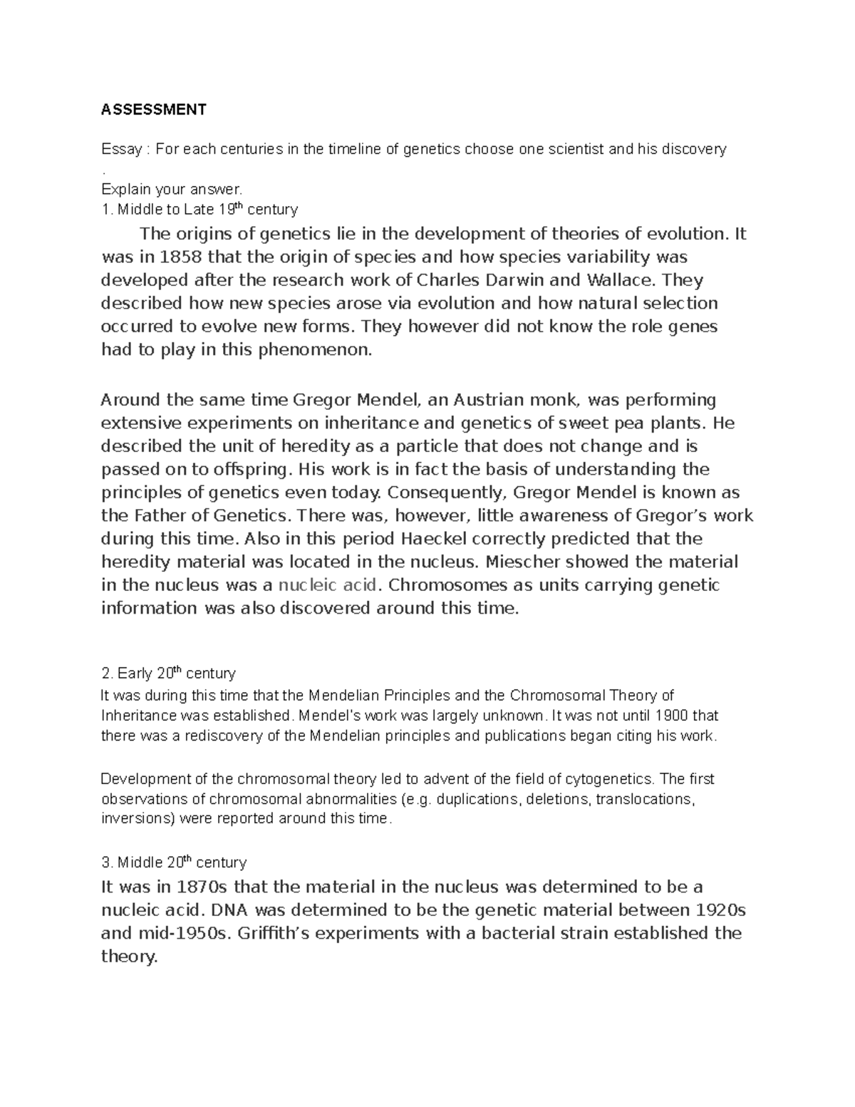 History OF Genetics - etrsgdfvc - ASSESSMENT Essay : For each centuries ...