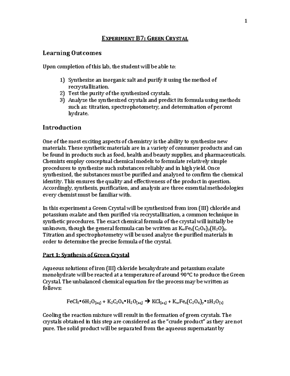 CHEM 1B Lab 7 - Lab manual - 1 EXPERIMENT B7: GREEN CRYSTAL Learning ...