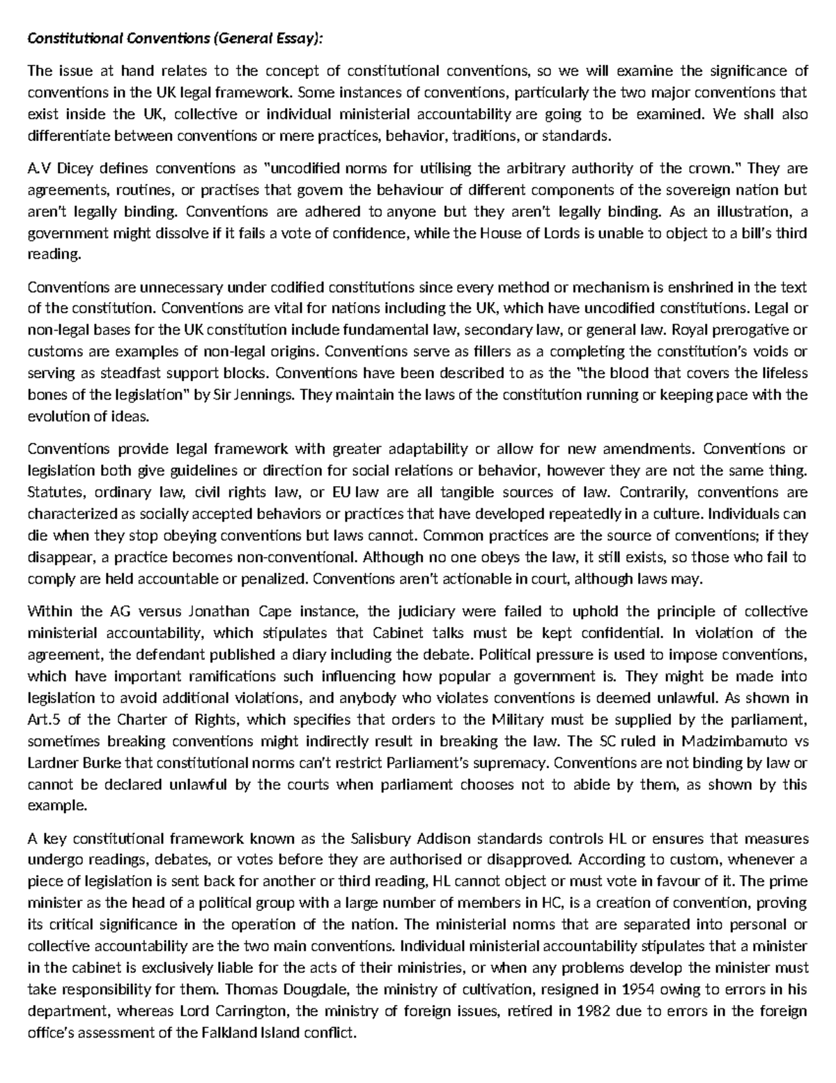 Convention 2 - good answer - Constitutional Conventions (General Essay): The issue at hand ...