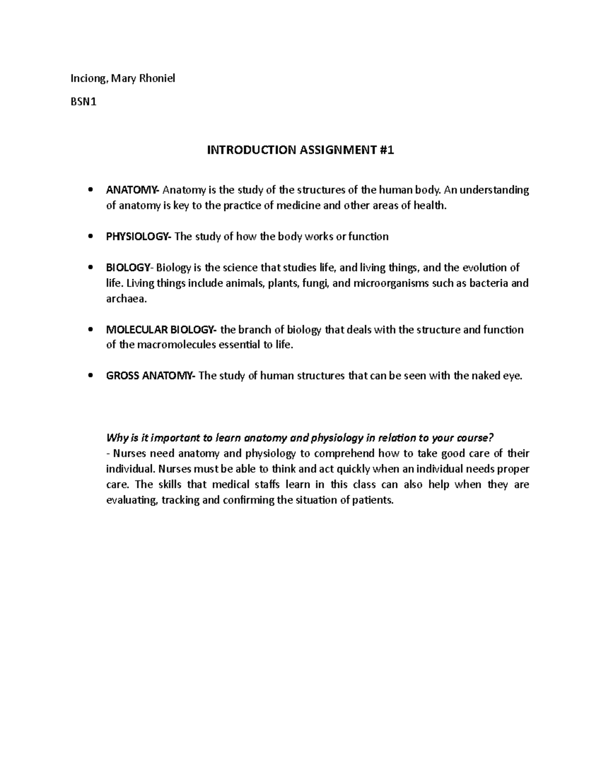 Inciong, Mary- Assignment#1 - Inciong, Mary Rhoniel BSN INTRODUCTION ...