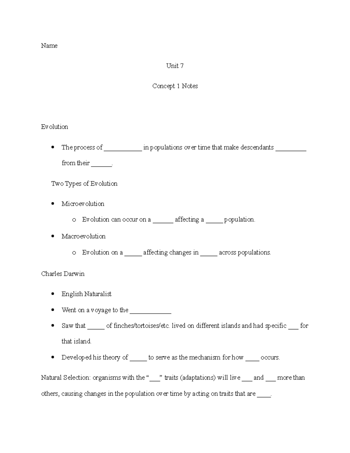 Unit 7 Concept 1 Notes - Name Unit 7 Concept 1 Notes Evolution The ...