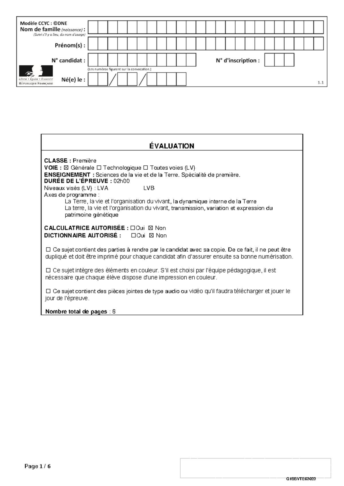 G1 Ssvte 03023 spe svt sujet 106 - Page 1 / 6 ÉVALUATION CLASSE ...