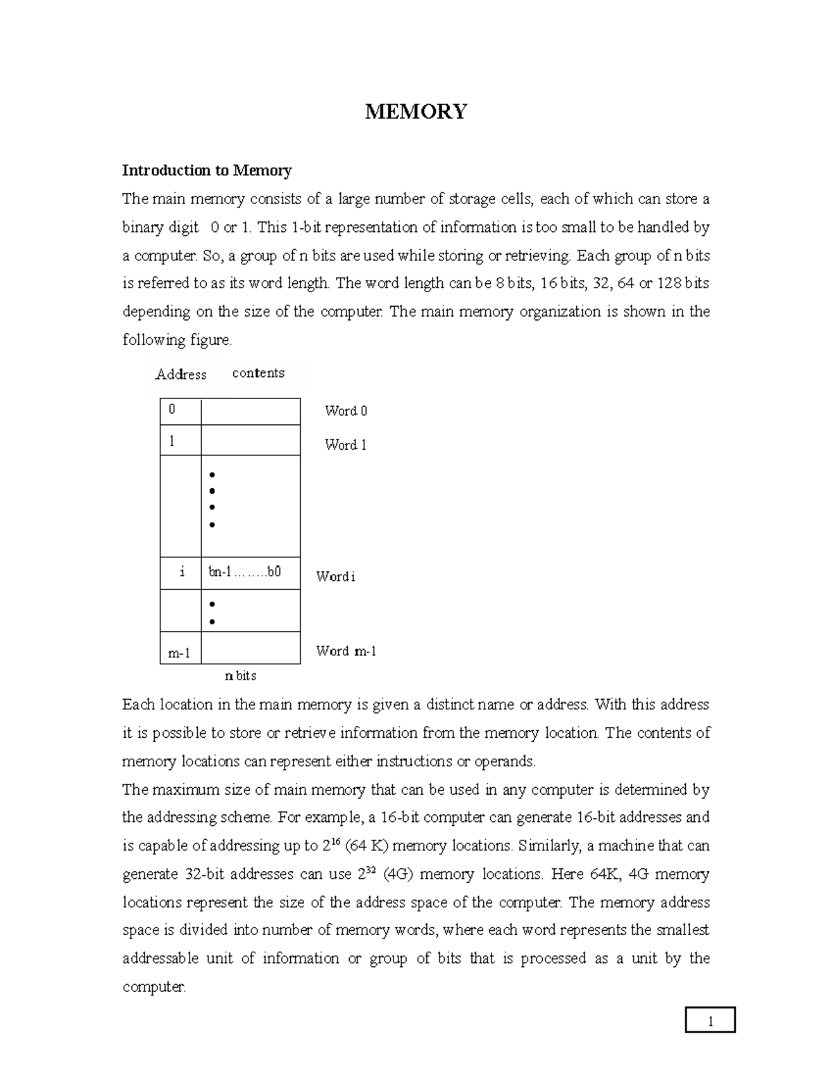 Module 4 COA - MEMORY Introduction to Memory The main memory consists ...