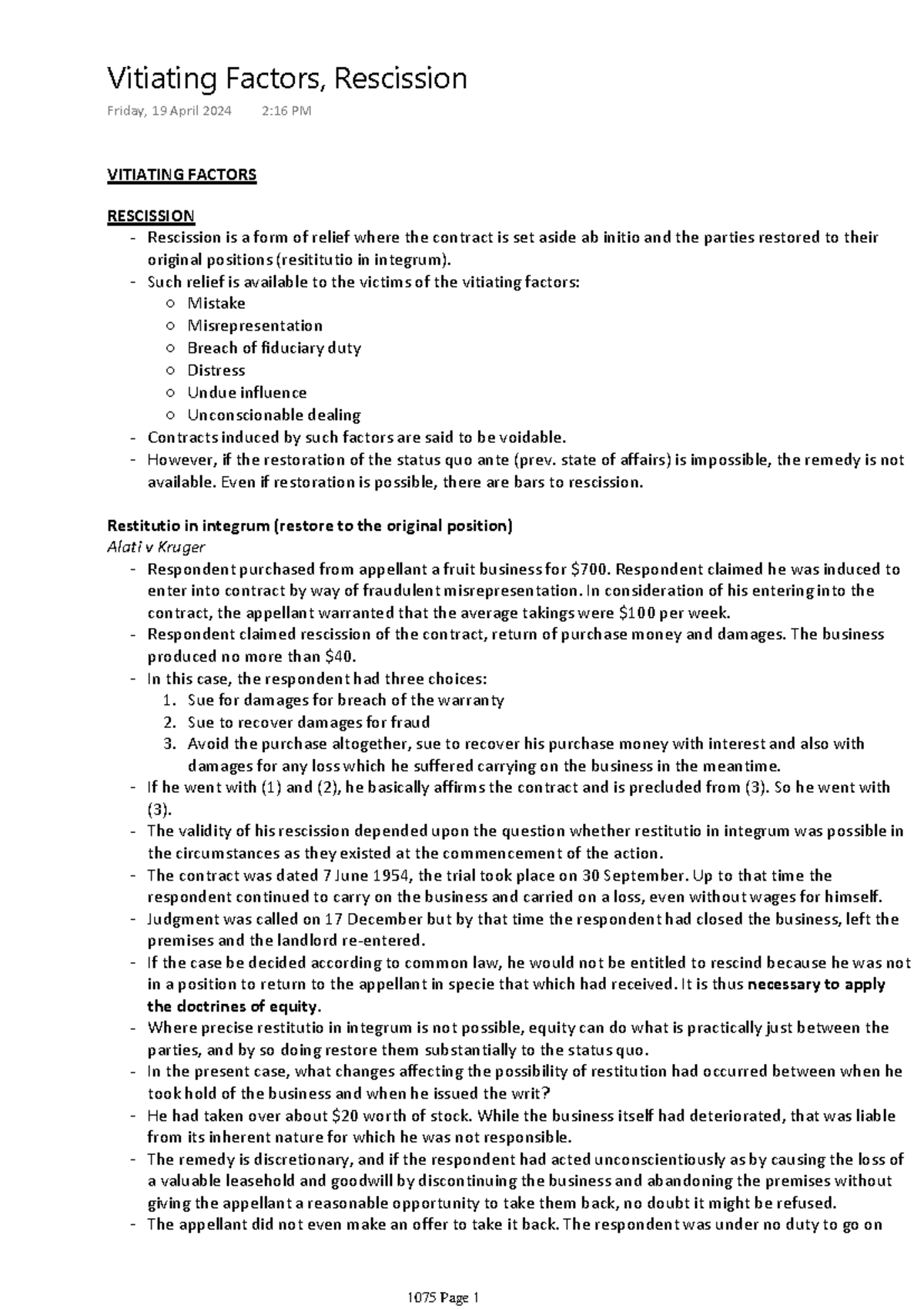 Vitiating Factors, Rescission - VITIATING FACTORS RESCISSION Rescission ...