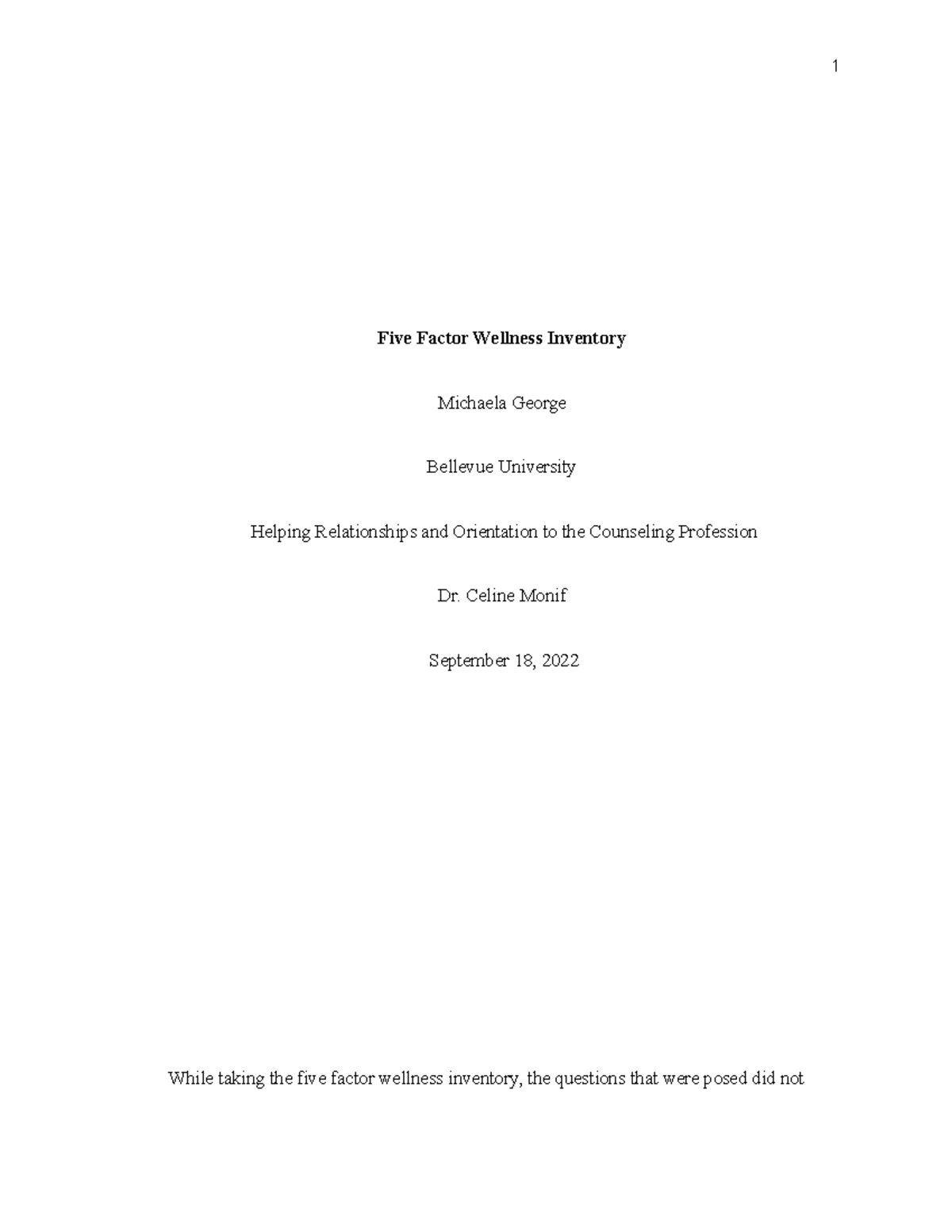 Five factor wellness - paper - Five Factor Wellness Inventory Michaela ...