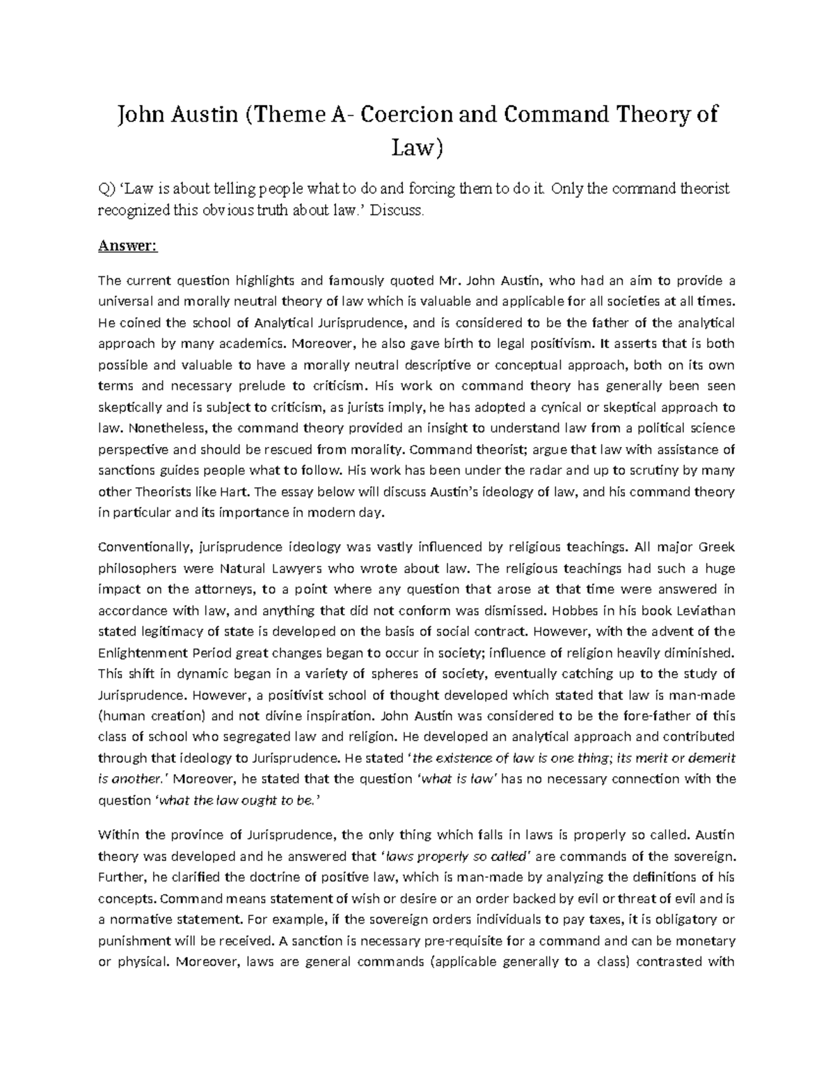 John Austin (Theme A) - Essay - John Austin (Theme A- Coercion and ...