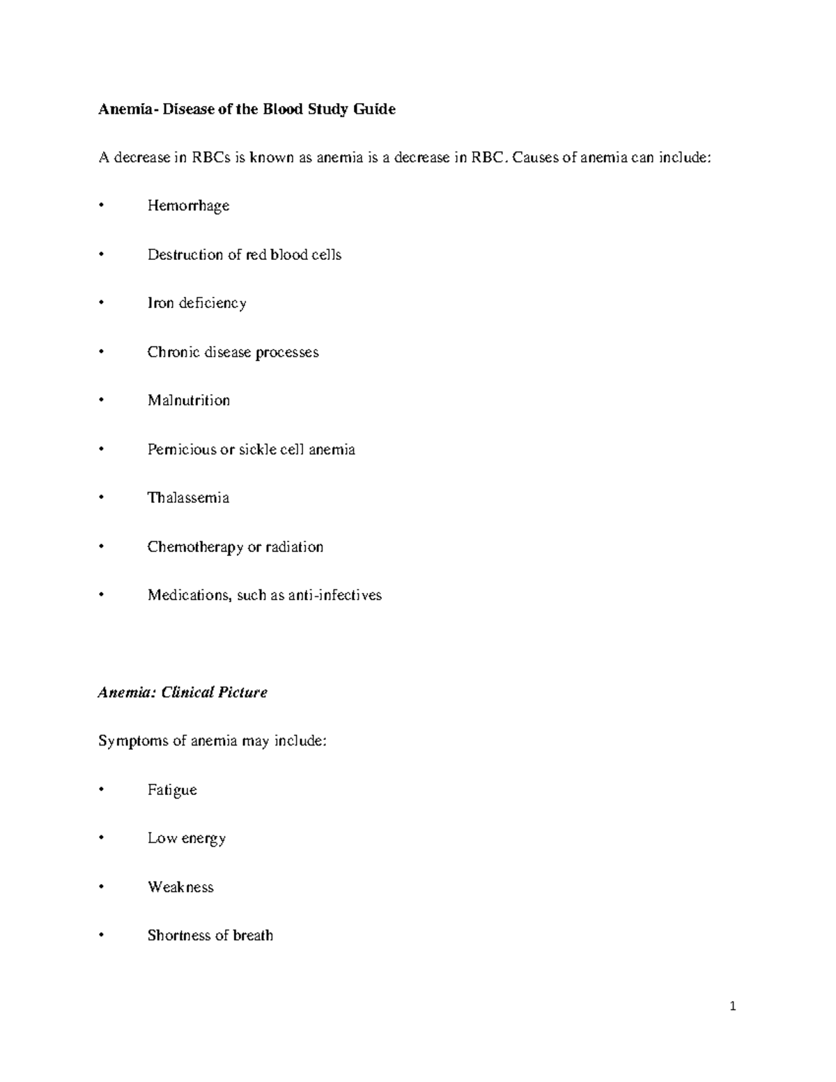 Anemia- Disease of the Blood Study Guide - Causes of anemia can include ...