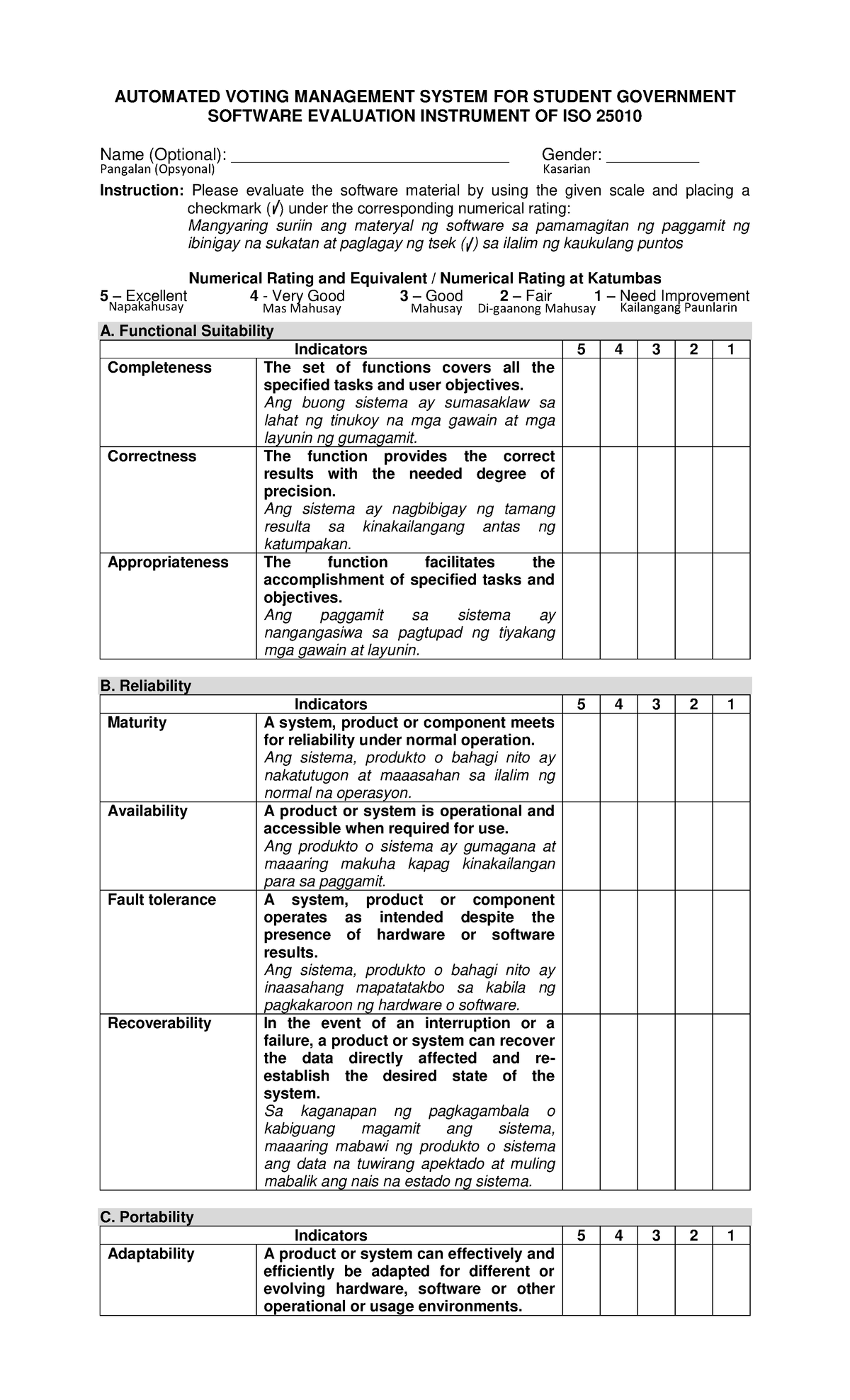 Sample Evaluation-Questionnaire ISO-25010 1 - AUTOMATED VOTING ...