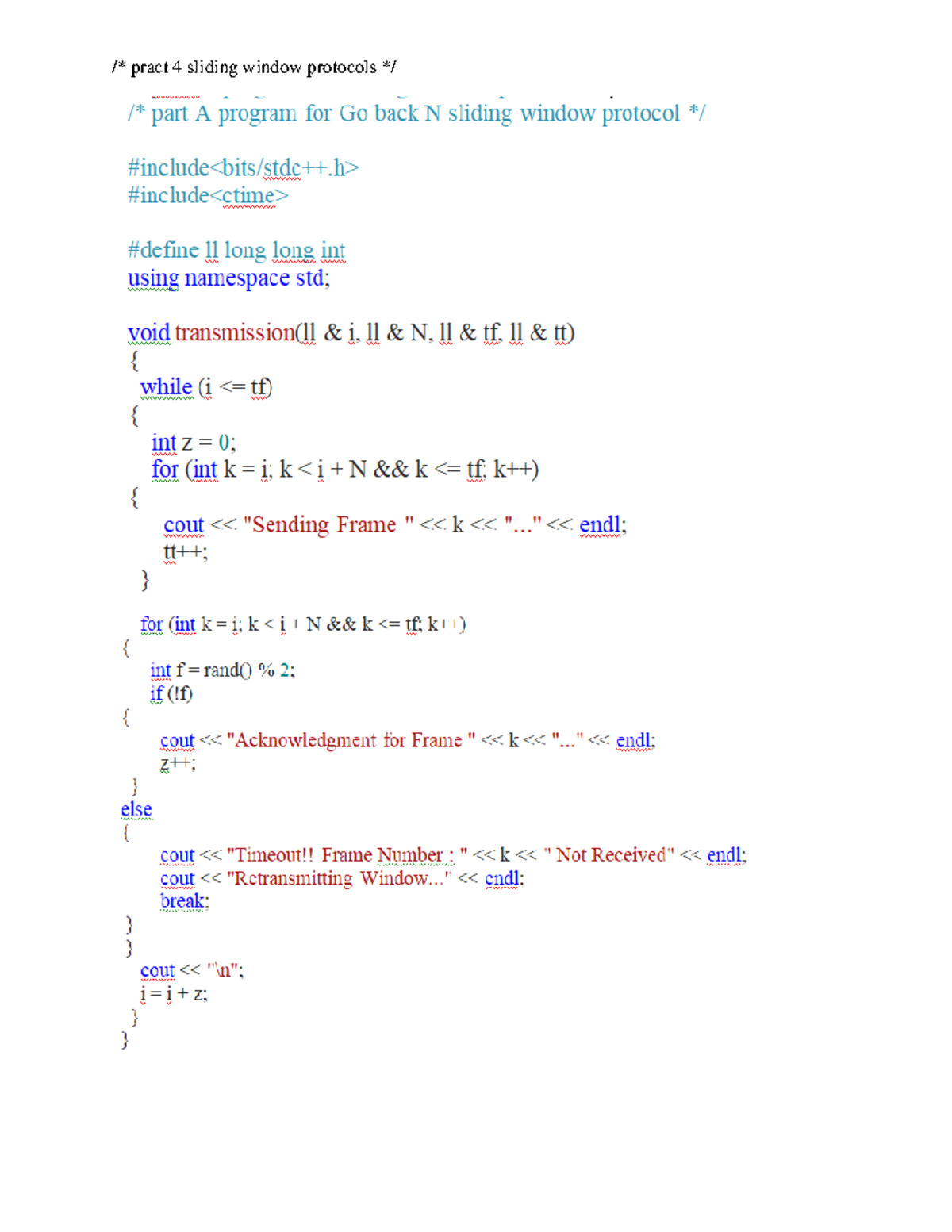 4 program sliding window protocols - pract 4 sliding window protocols part A program for Go back ...