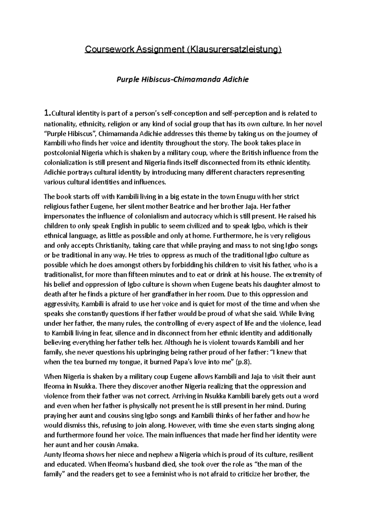 Coursework Assignment - In her novel “Purple Hibiscus”, Chimamanda ...