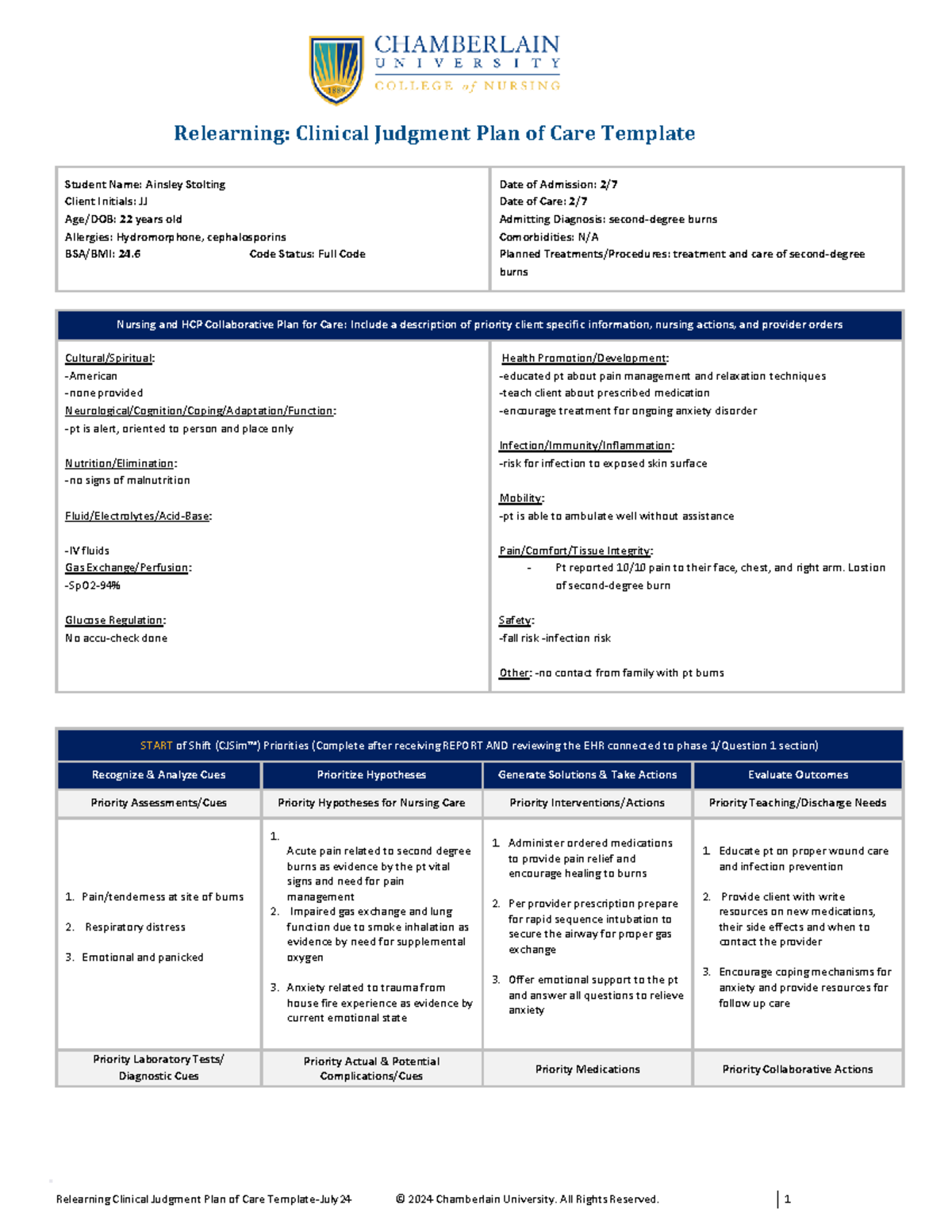 Relearning Clinical Judgment Plan of Care Template July24 - Student Name: Ainsley Stolting ...