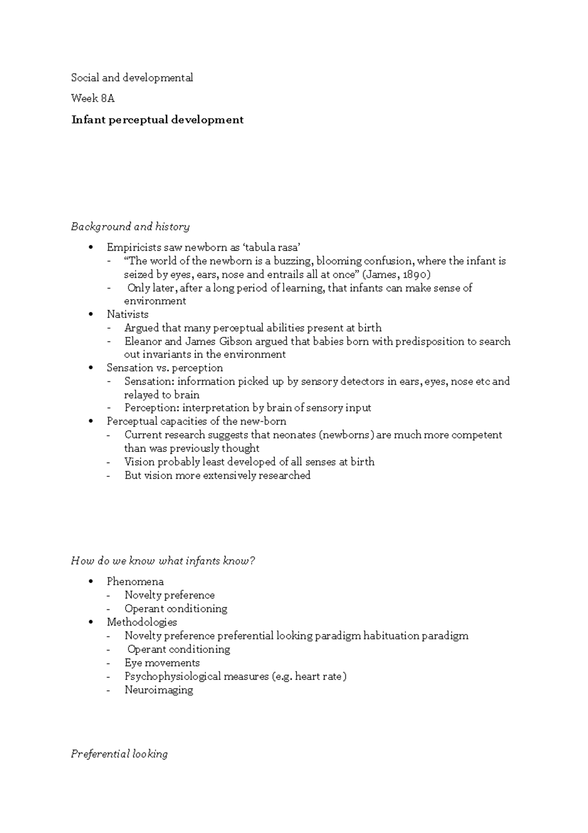 Infant perceptual development - Social and developmental Week 8A Infant ...