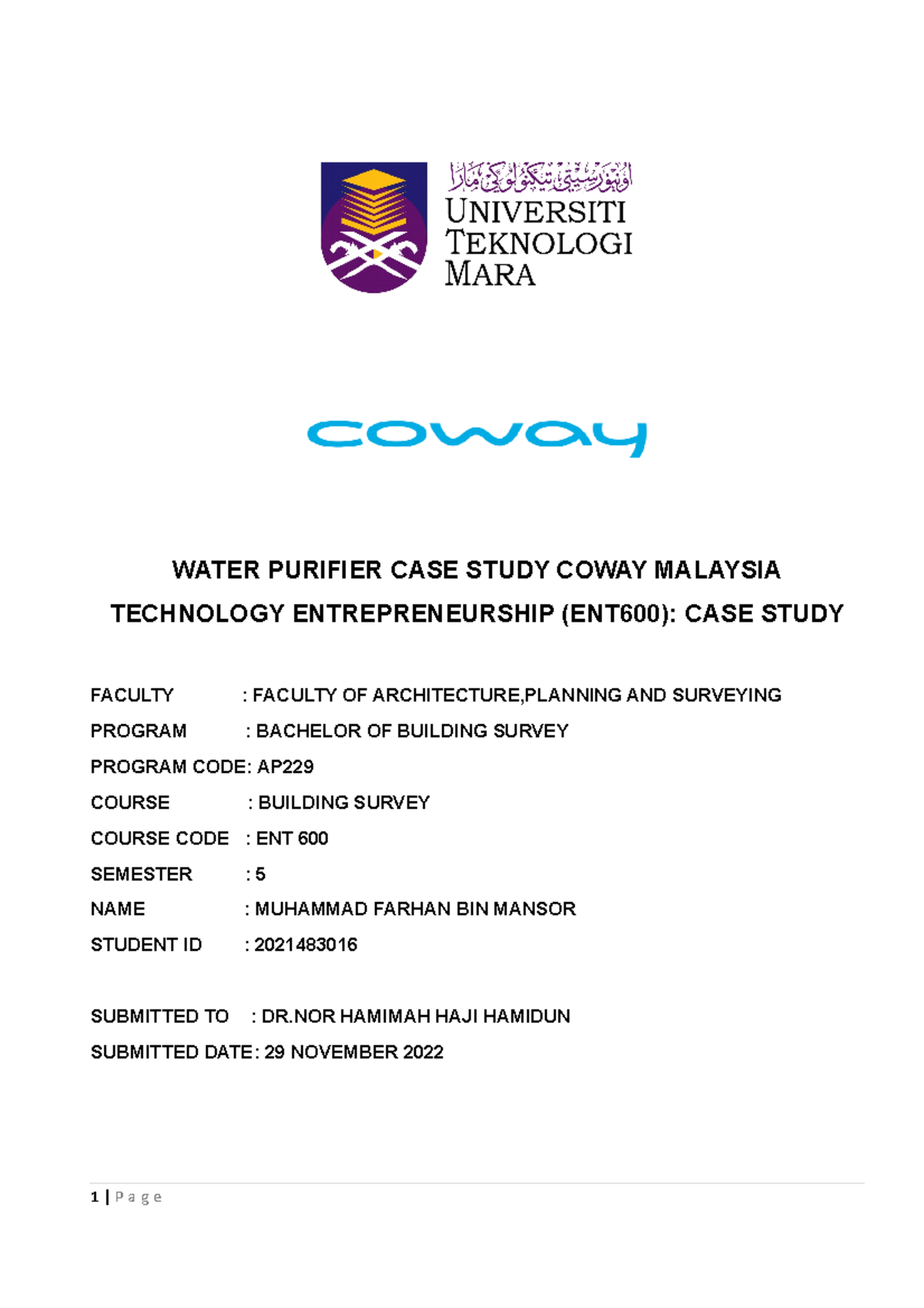 Water Purifier CASE Study Coway Malaysia - WATER PURIFIER CASE STUDY ...