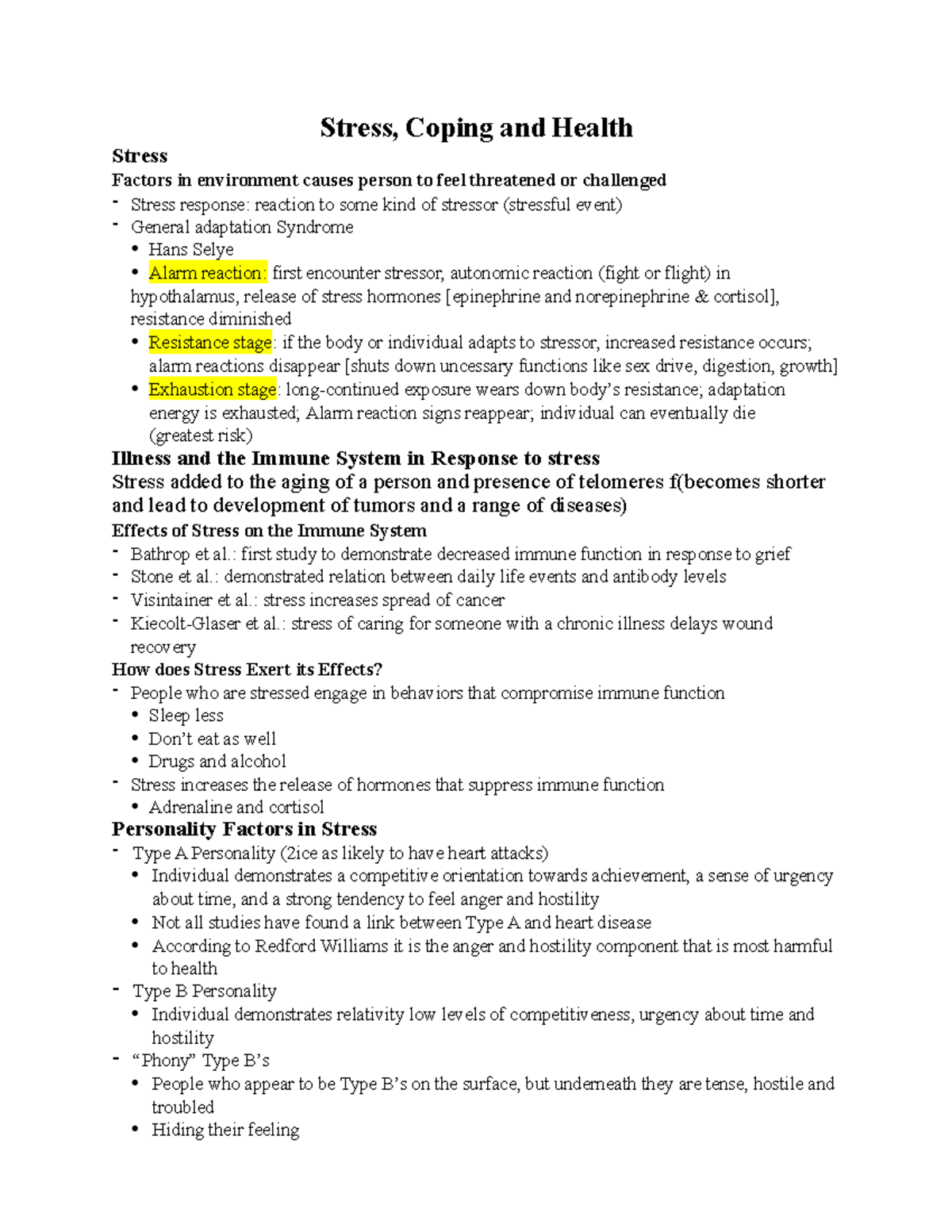 PSYCH 201 - Summary - Stress, Coping and Health Stress Factors in ...
