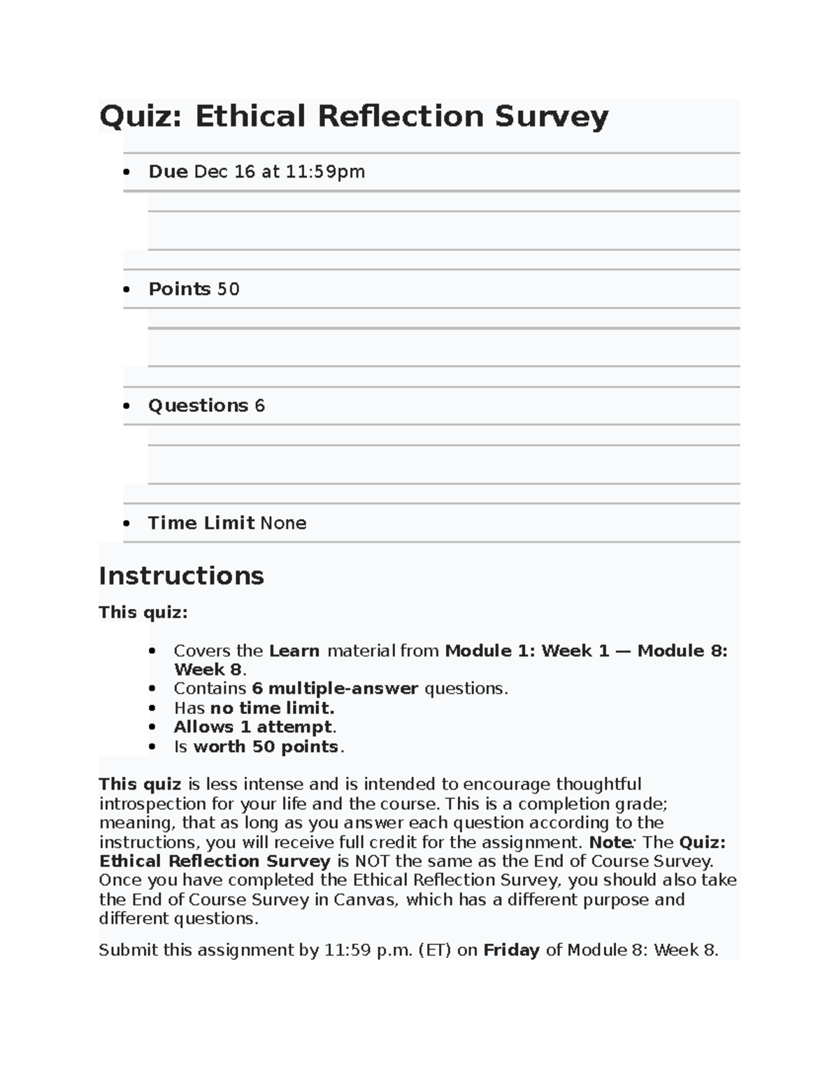 Ethc 101 Ethical Reflection Survey Quiz - Quiz: Ethical Reflection ...