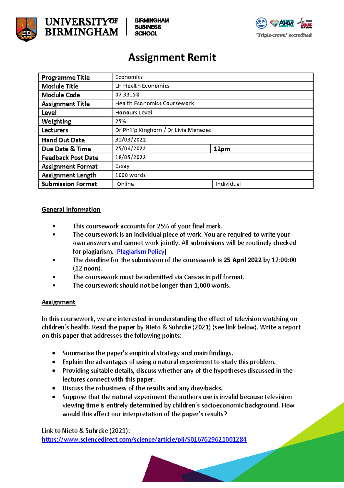 Health Economic CW Assignment Remit - Assignment Remit Programme Title ...