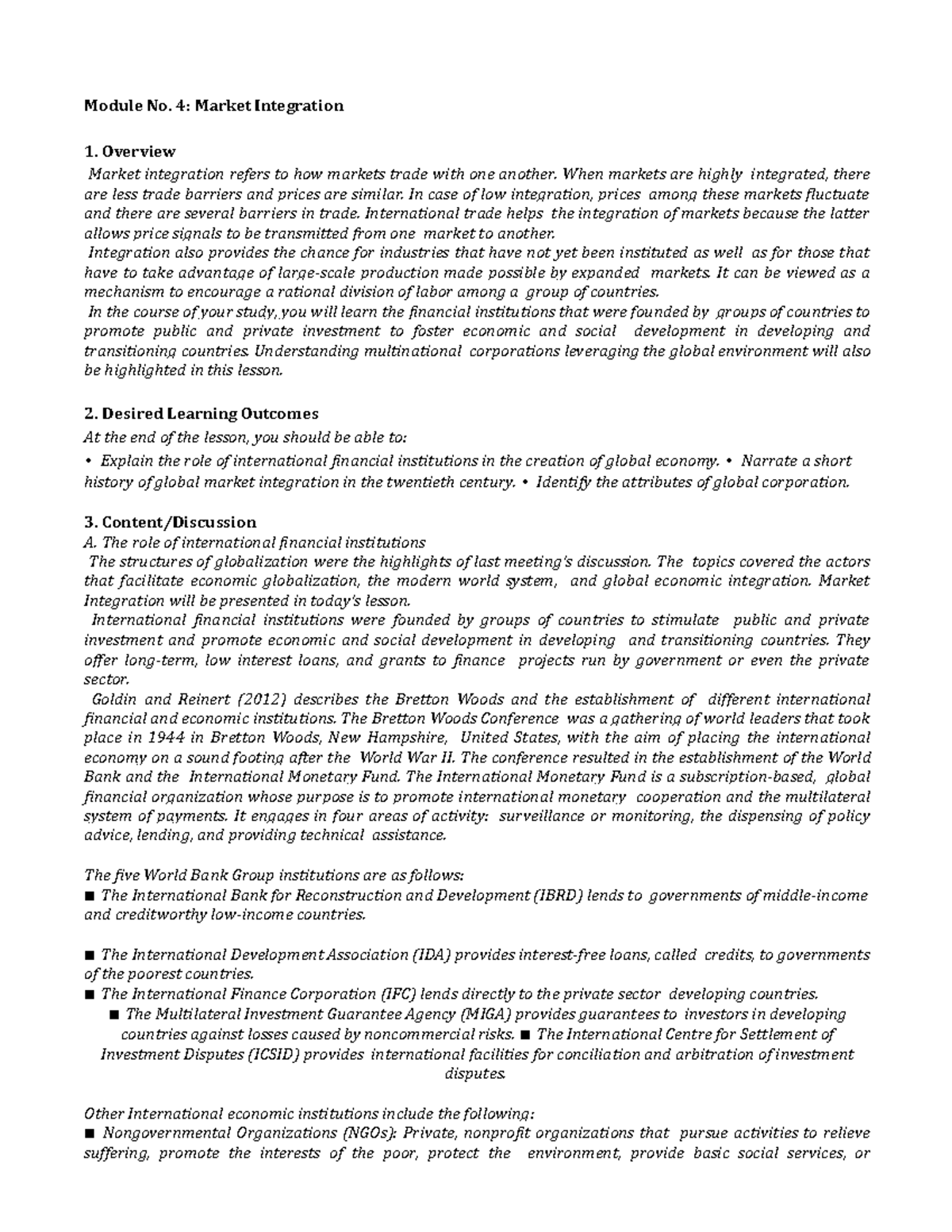 Market Integration - Lecture notes 1 - Module No. 4: Market Integration ...