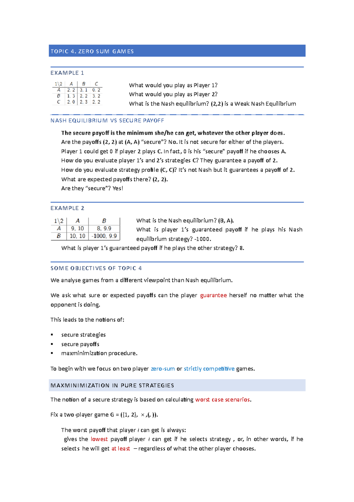 Introduction TO GAME Theory - topic 4 - TOPIC 4. ZERO SUM GAMES EXAMPLE ...