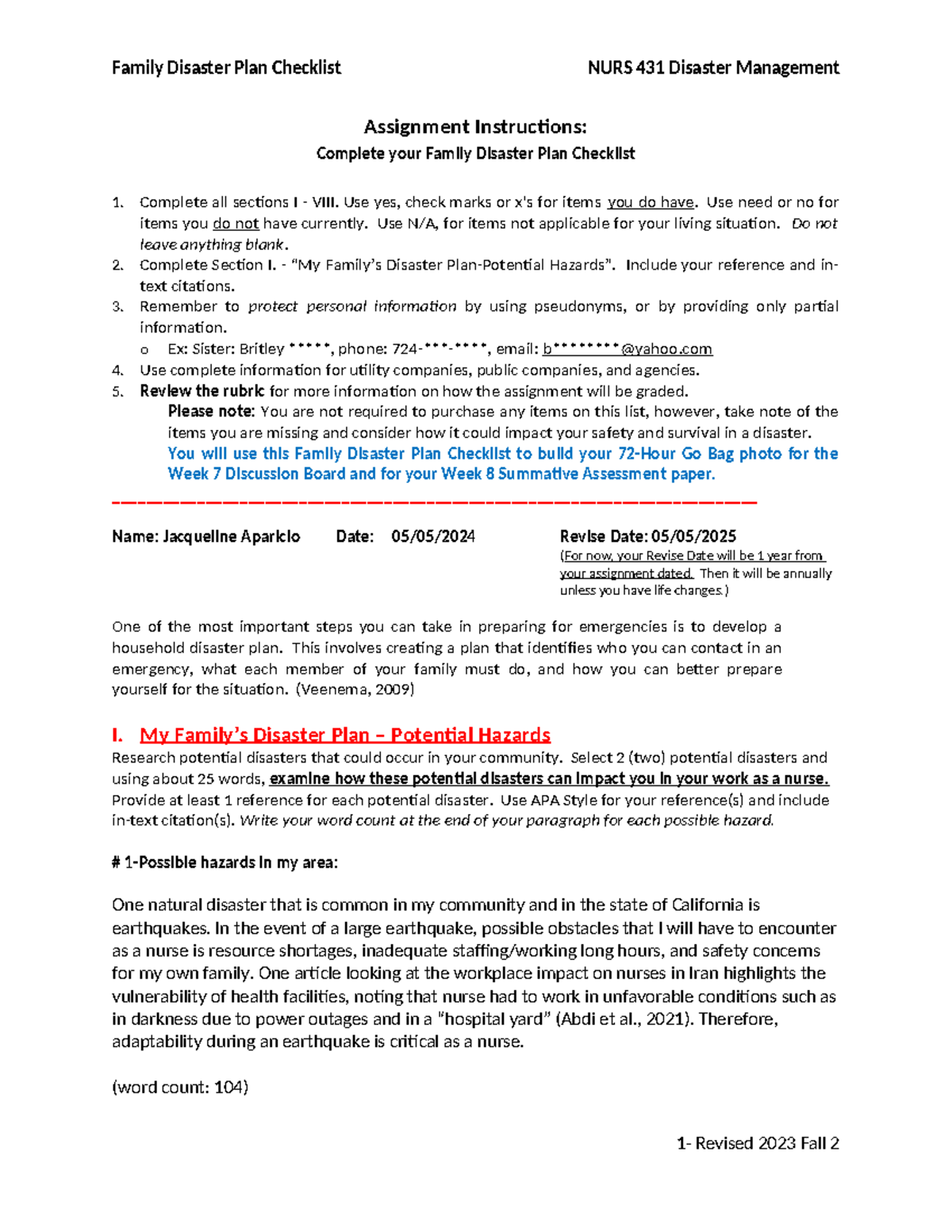 Family Disaster Plan Checklist Revised Summer 2023 Fall 2 - Assignment ...