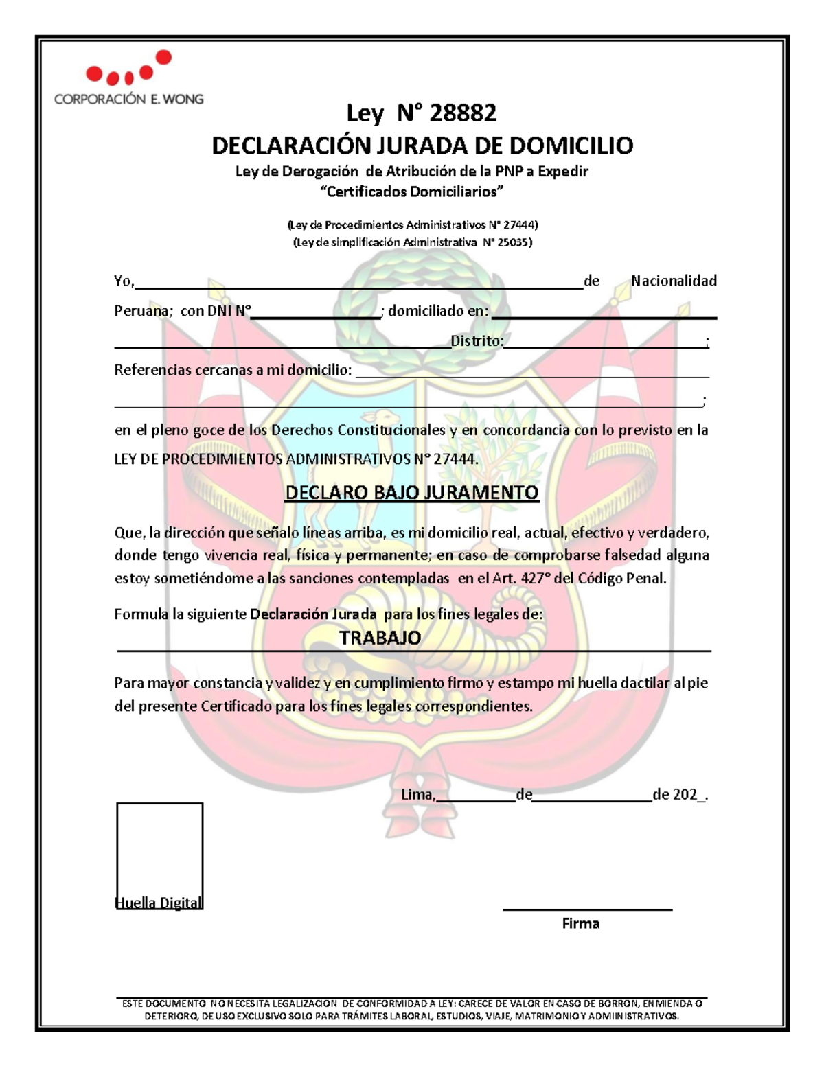 2. Formato DD JJ Domicilio - Ley N° 28882 DECLARACIÓN JURADA DE DOMICILIO Ley de Derogación de ...