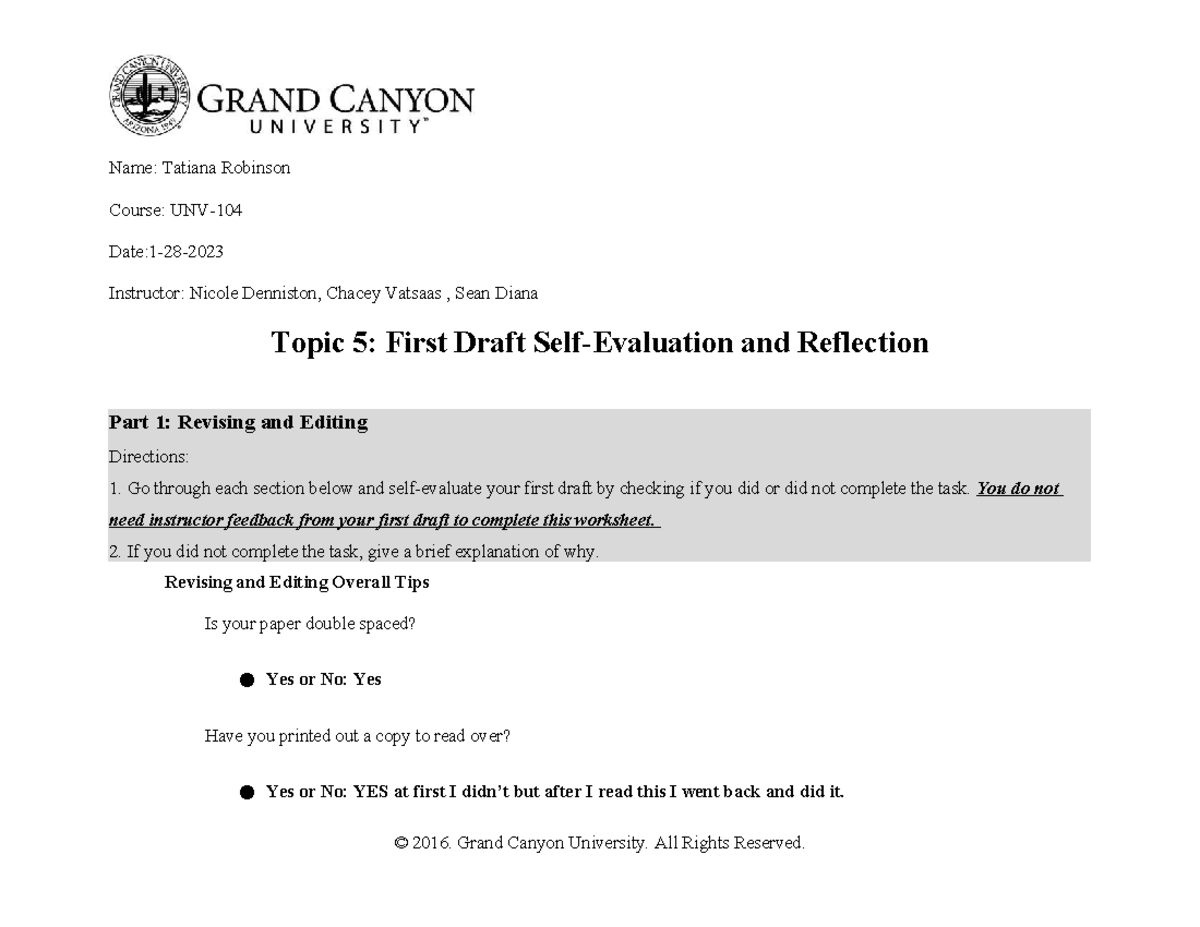 UNV-104-RS-T5-First Draft Self-Evaluationand Reflection - Name: Tatiana ...