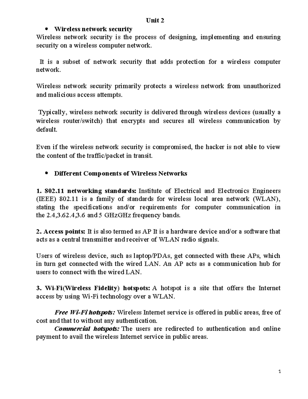 Unit 2 cyber security bsc - Unit 2 Wireless network security Wireless network security is the ...