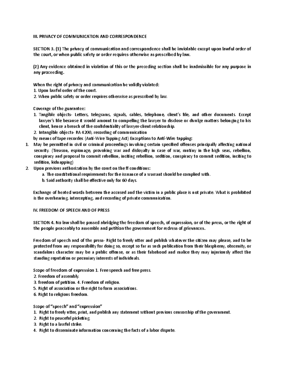 Article III Bill of Rights III. Privacy OF Communication AND ...