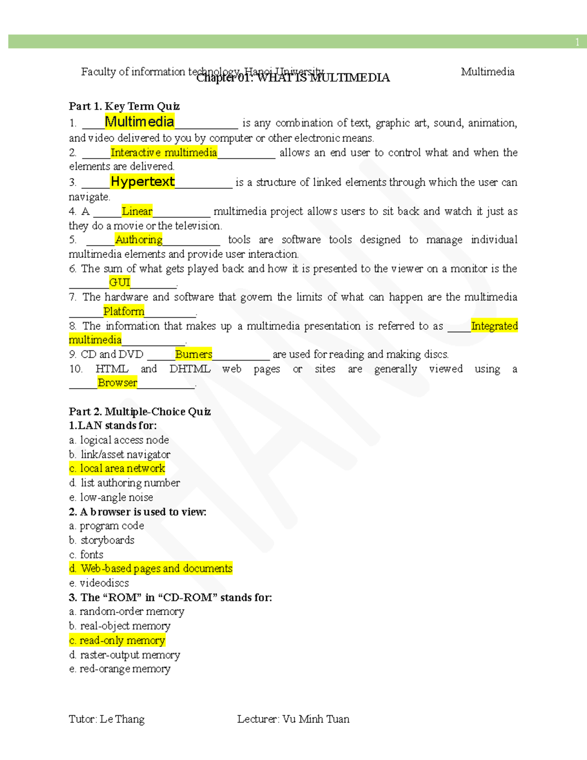 Week2 Tut01 Chapter 01 - .................. - Chapter 01: WHAT IS MULTIMEDIA Part 1. Key Term ...