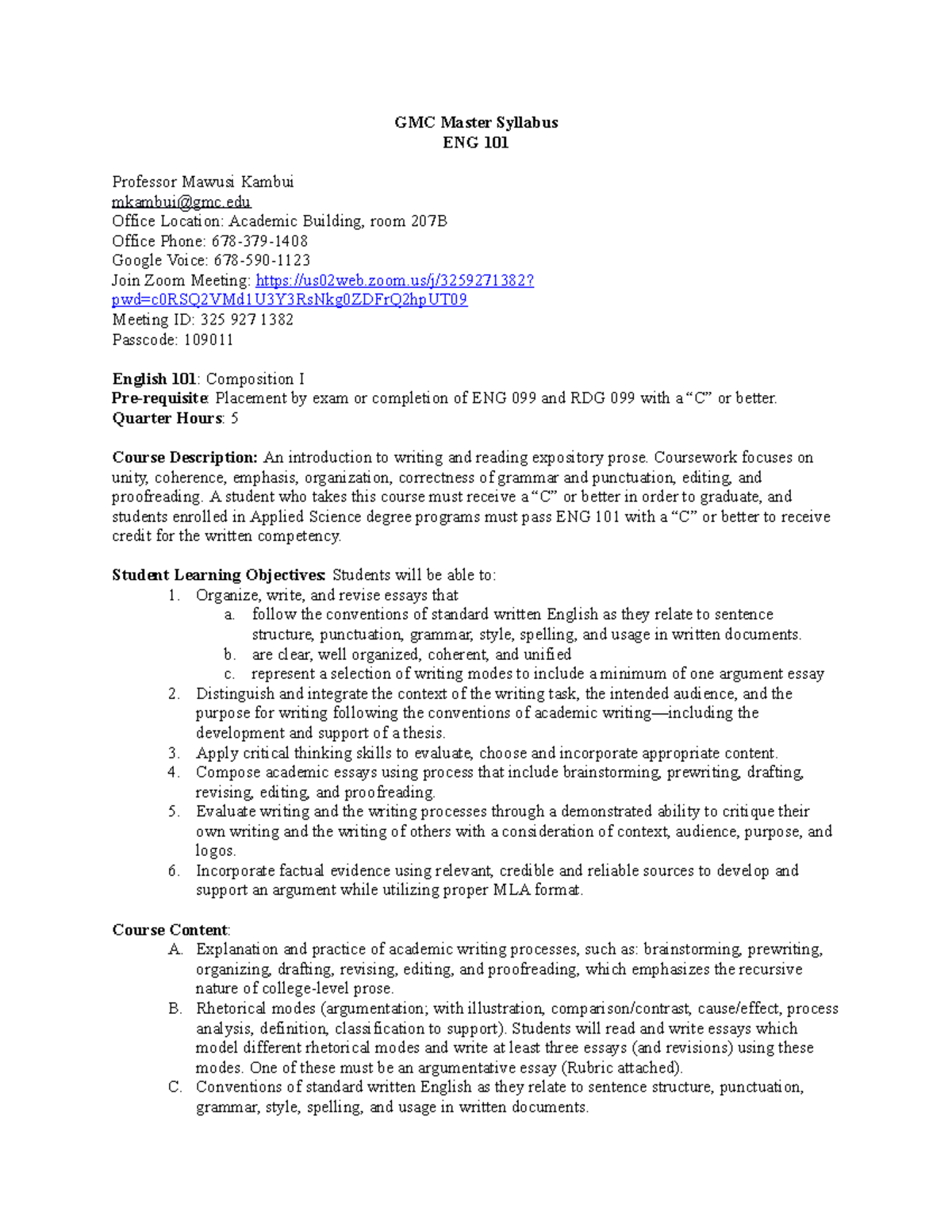Syllabus ENG 101 M Kambui Pierre GMC Master Syllabus ENG 101 