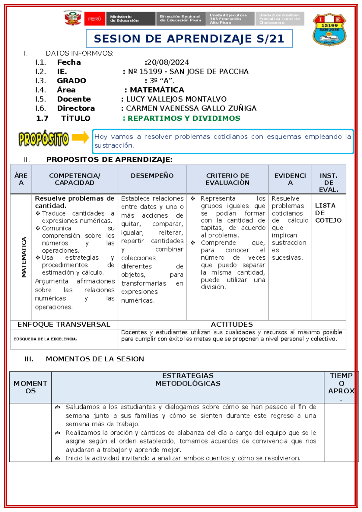 Repartimos Y Dividimos - ####### I. DATOS INFORMVOS: I. Fecha :20/08/ I ...