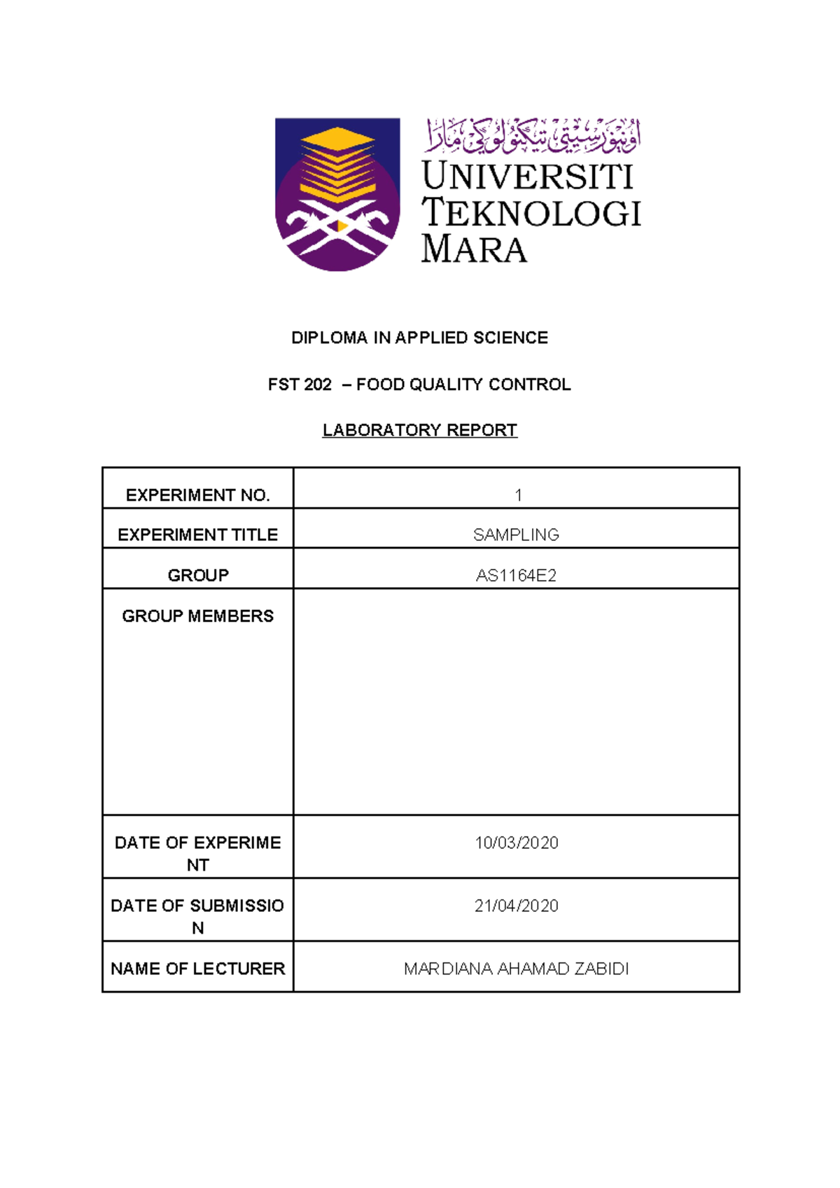 LAB Report FST202 - DIPLOMA IN APPLIED SCIENCE FST 202 – FOOD QUALITY ...