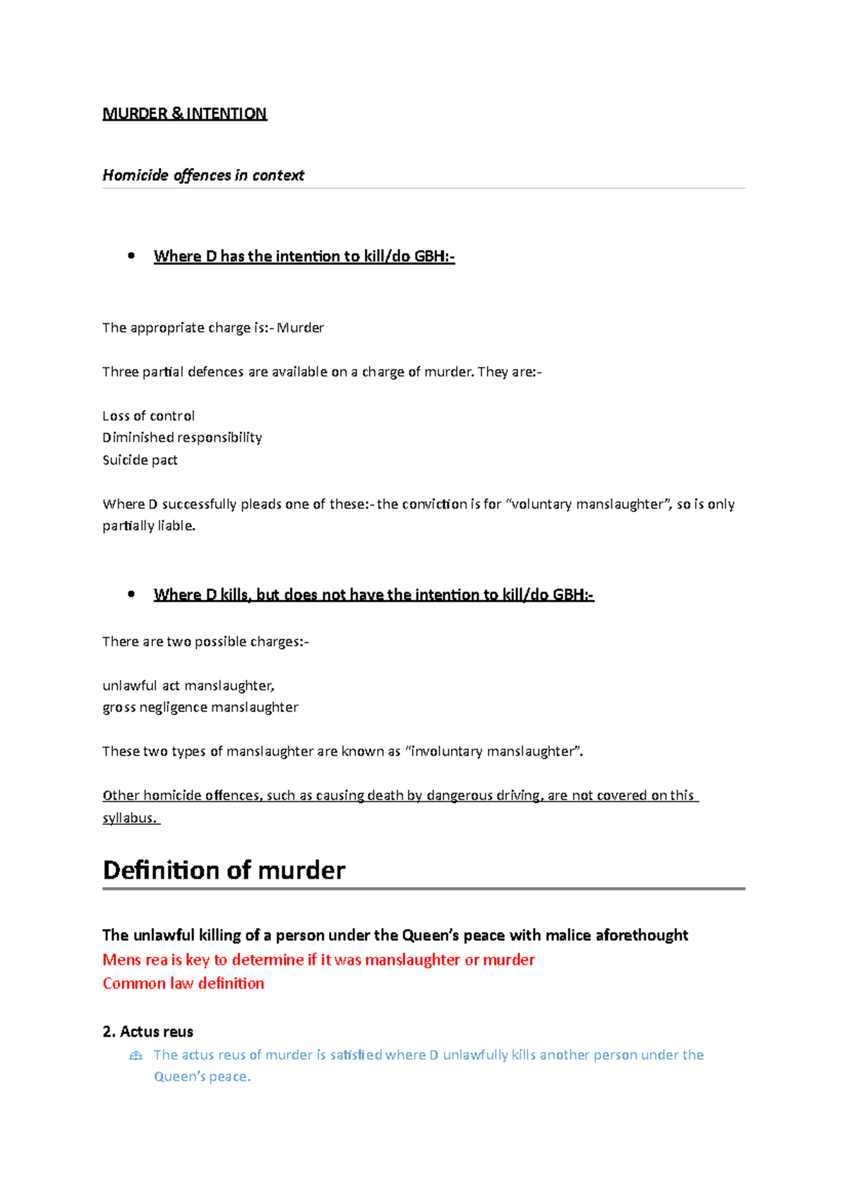 Murder lecture notes - everything you need to know - MURDER & INTENTION ...