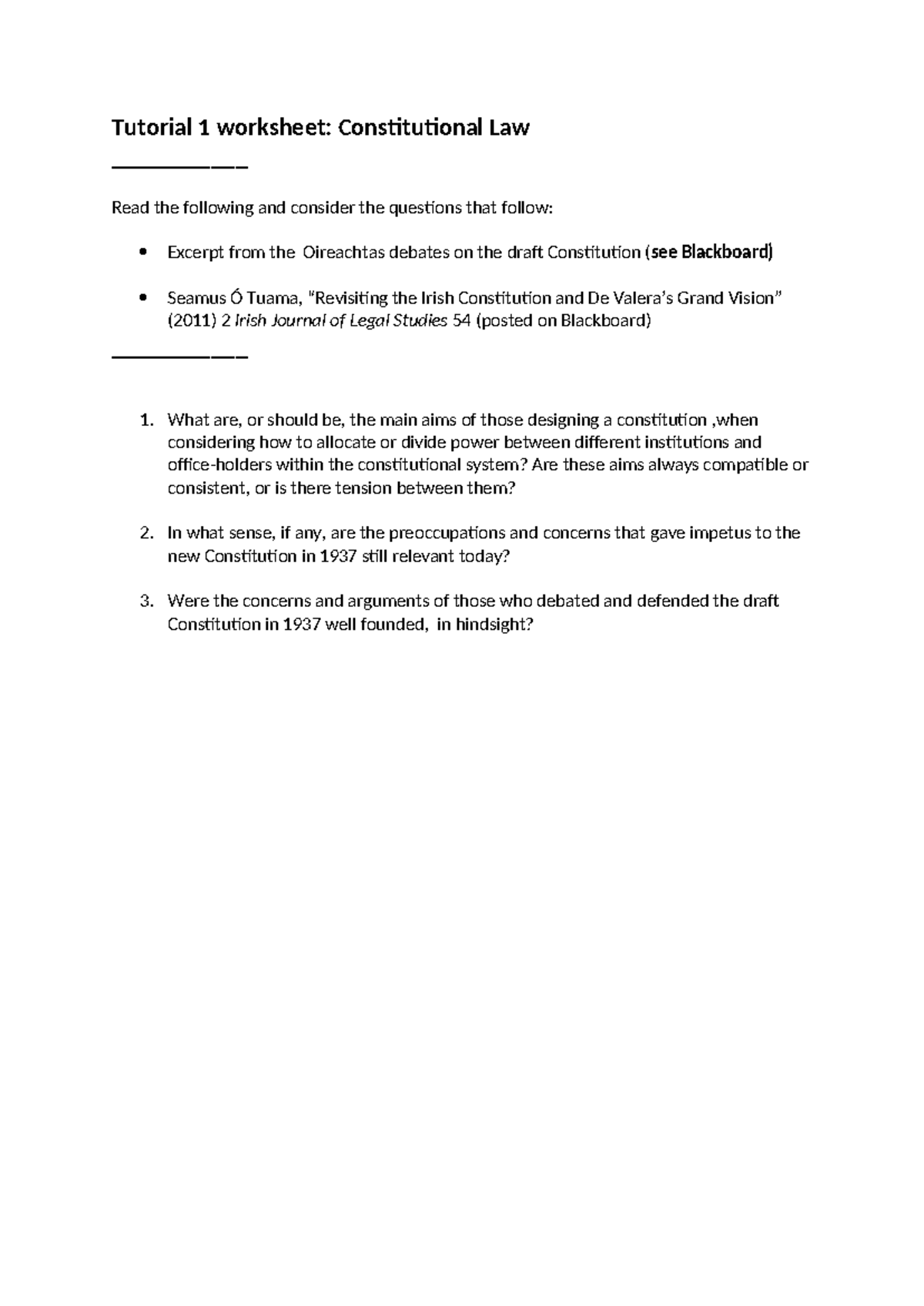 Tutorial 1 worksheet - Tutorial 1 worksheet: Constitutional Law ___________ Read the following ...