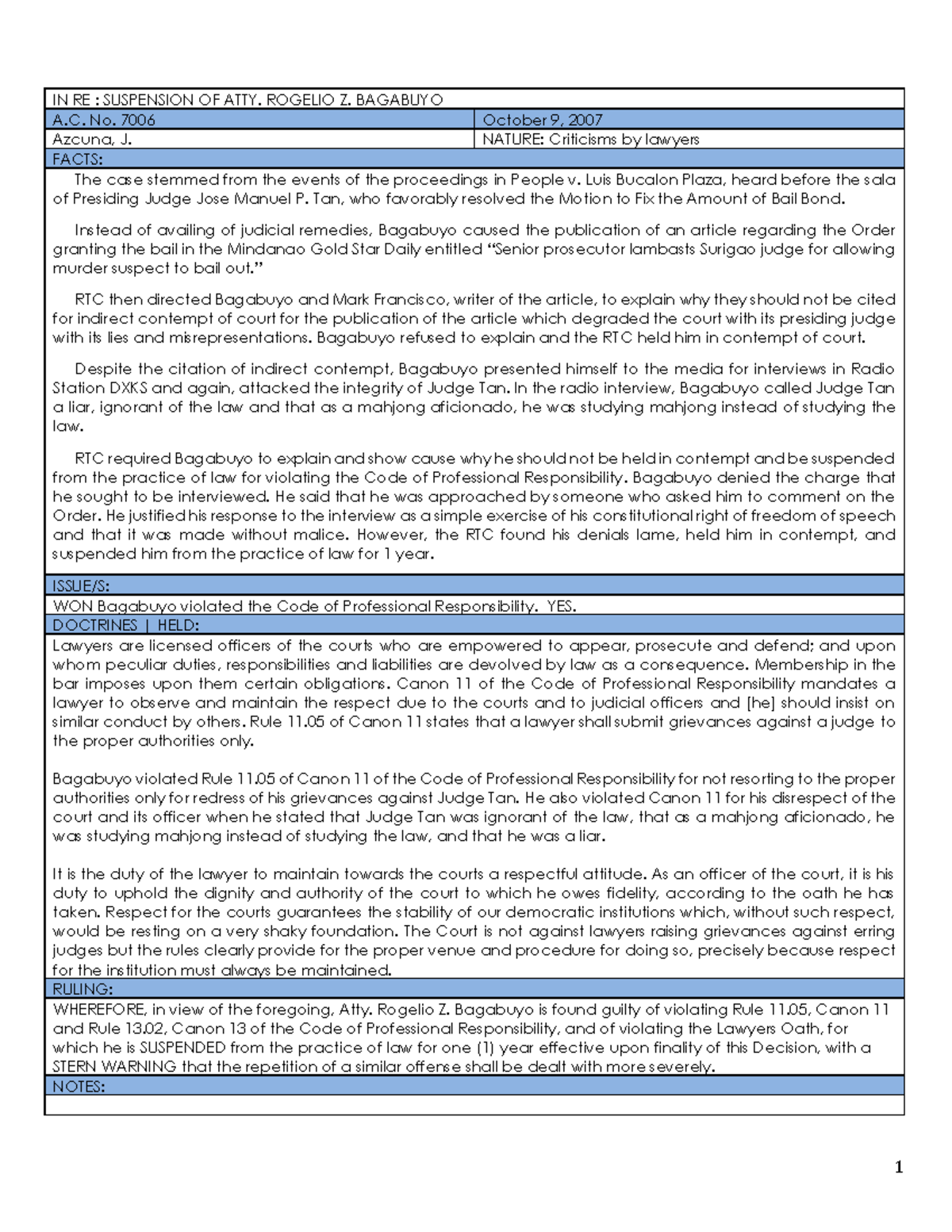 #38Suspension of Atty Rogelio z Bagabuyo - 1 IN RE : SUSPENSION OF ATTY ...