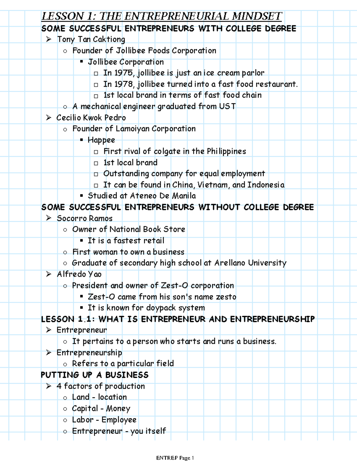 Entrep - academic notes based on our ppt - LESSON 1: THE ...