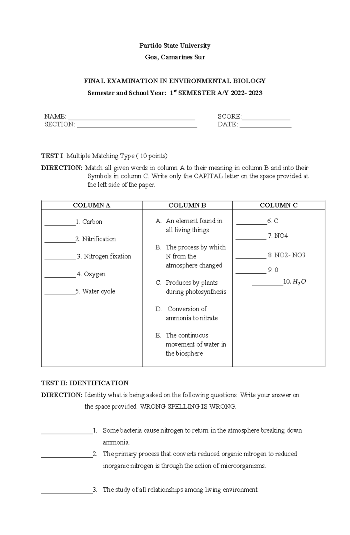 Project-tos - table of spisifications - Partido State University Goa ...