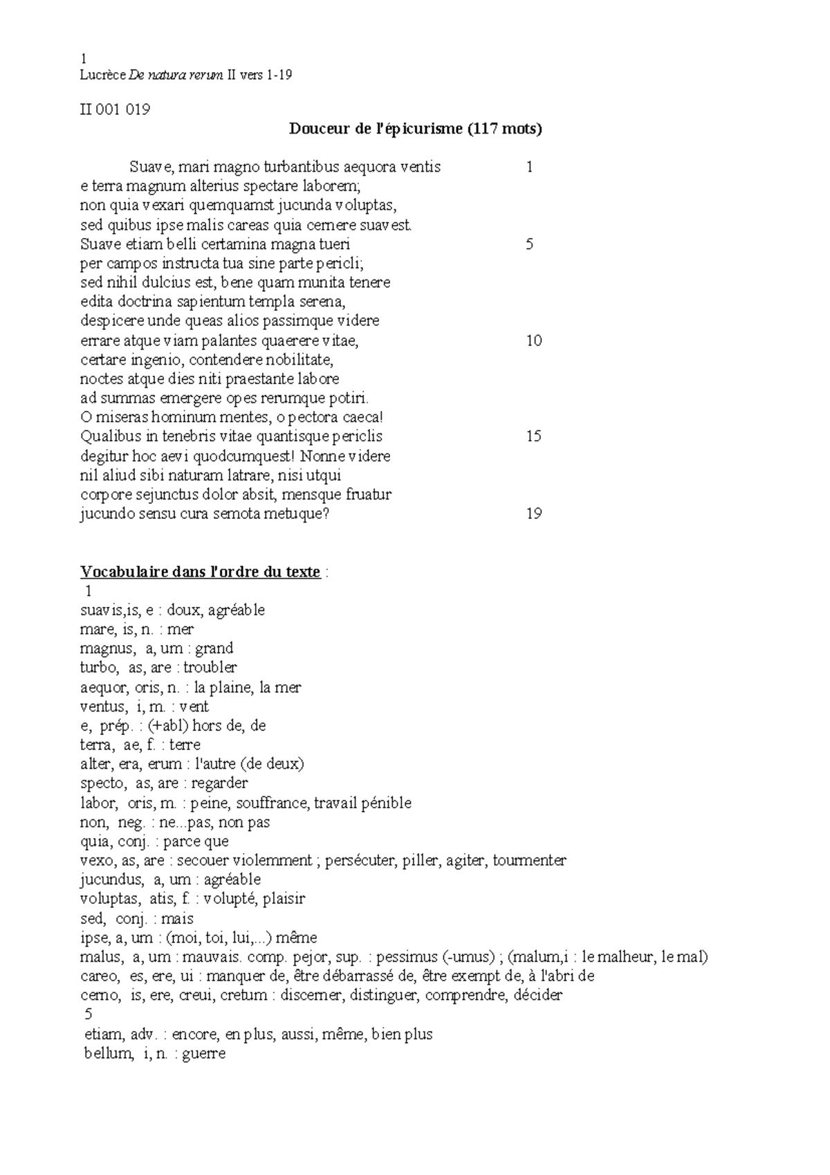Traduction Lucrece - Lucrèce De natura rerum II vers 1- II 001 019 ...
