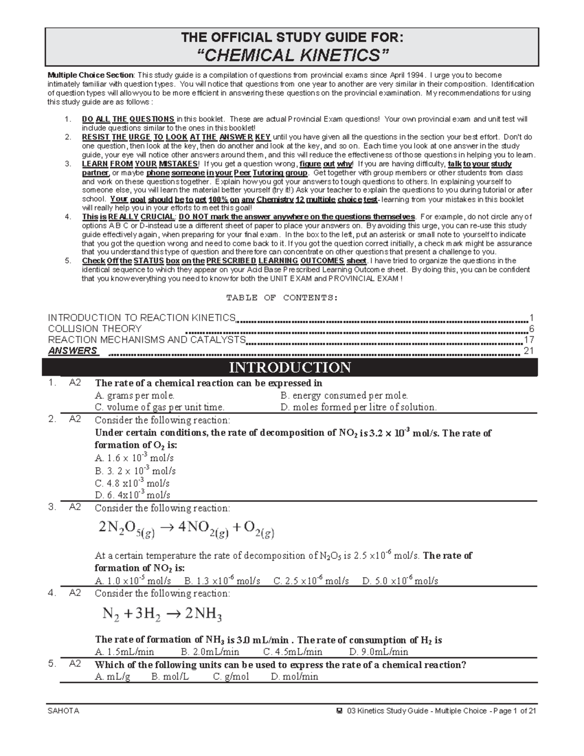 Kinetics Study Guide - THE OFFICIAL STUDY GUIDE FOR: “CHEMICAL KINETICS ...