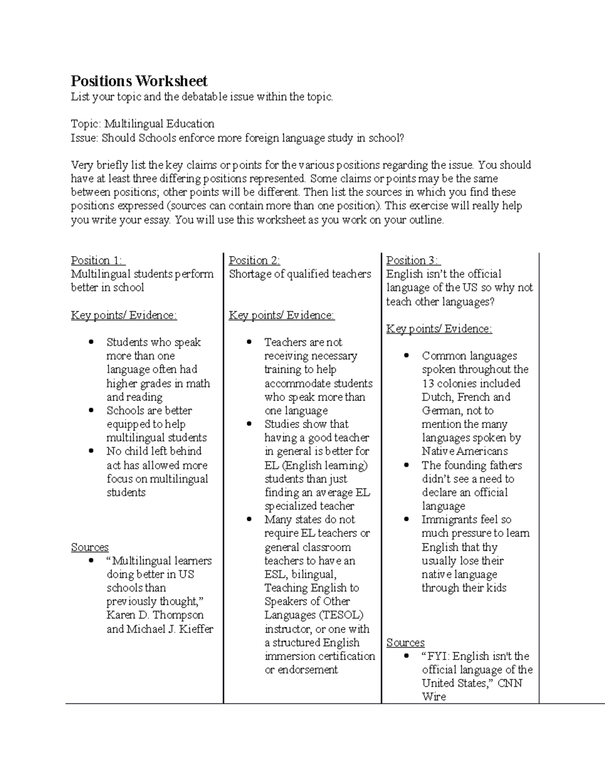 Topic Positions, Multilingual Education - ENG100 - BYU-Idaho - Studocu