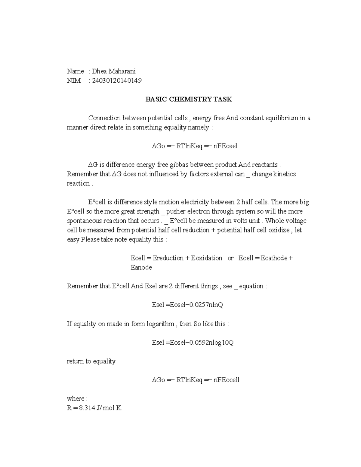 Basic Chemistry TASK - Name : Dhea Maharani NIM : 24030120140149 BASIC CHEMISTRY TASK Connection ...