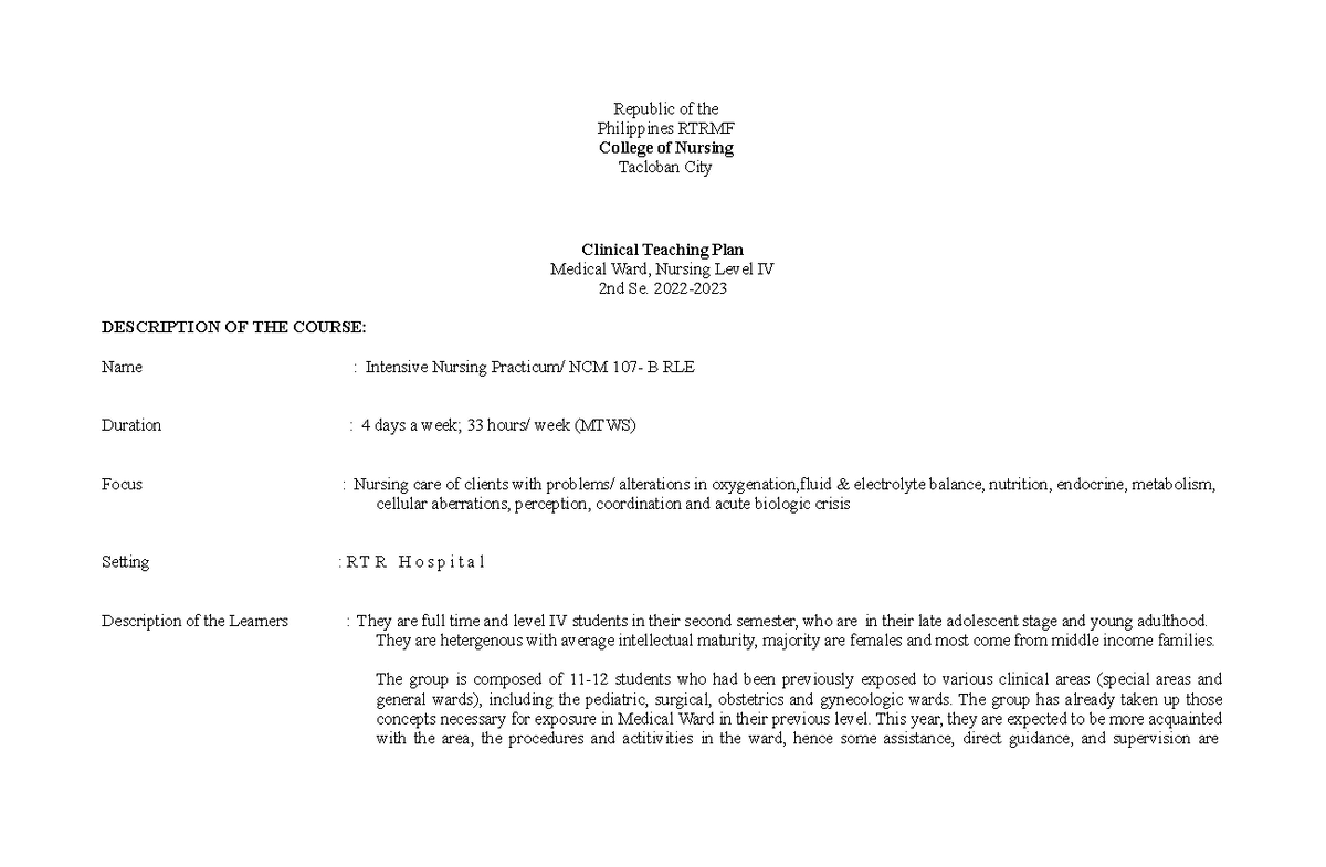 Clinical Teaching plan - Republic of the Philippines RTRMF College of ...