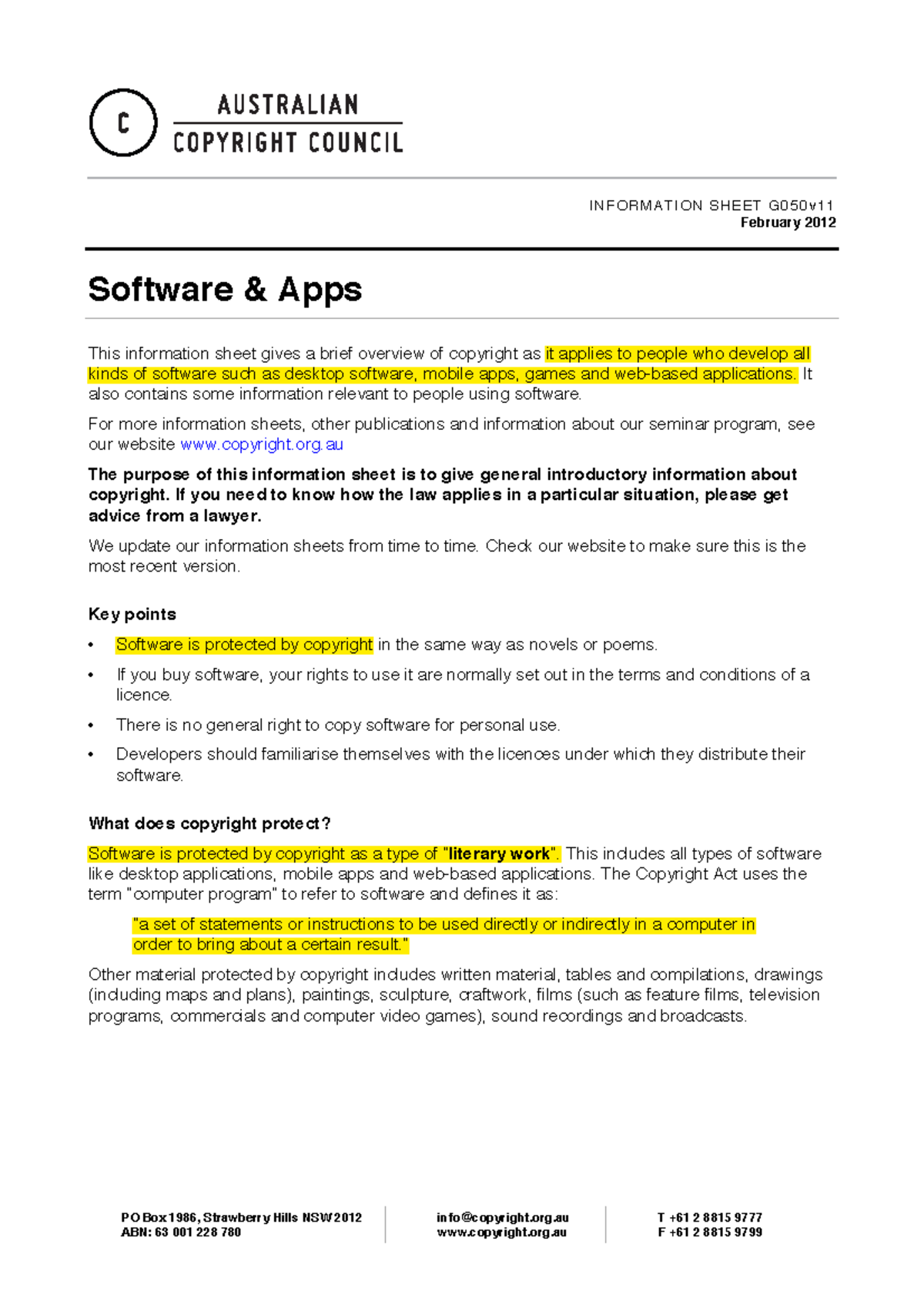 7 Copyright for Software-Apps-g050v11 - PO Box 1986, Strawberry Hills ...